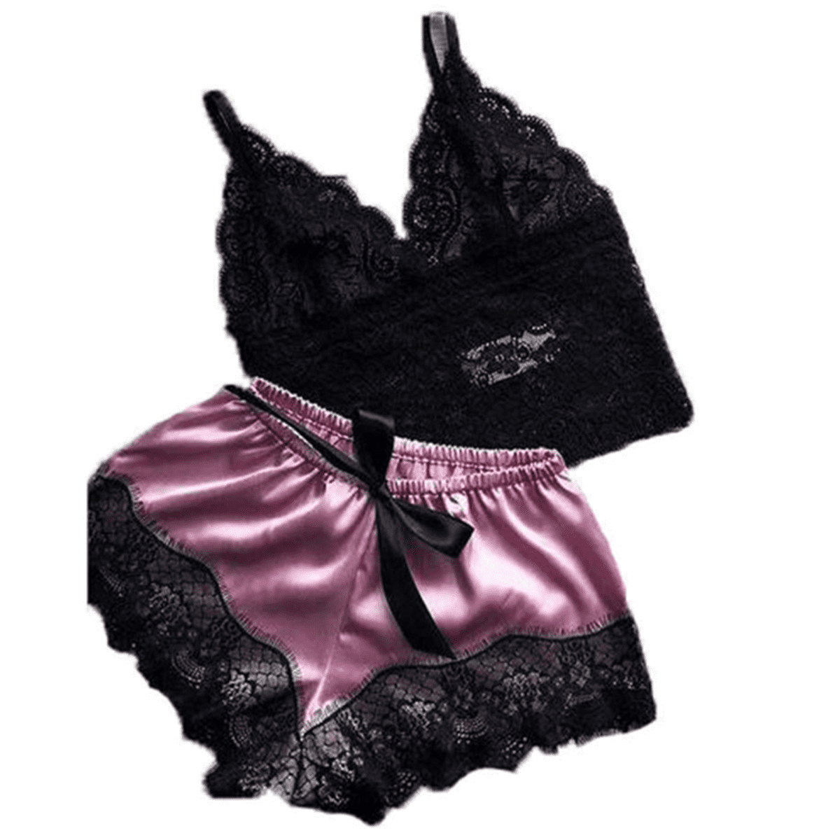 Women Silk Satin Lace Sleepwear Sexy Bra Camisoleshorts Pajama Sets Homewear