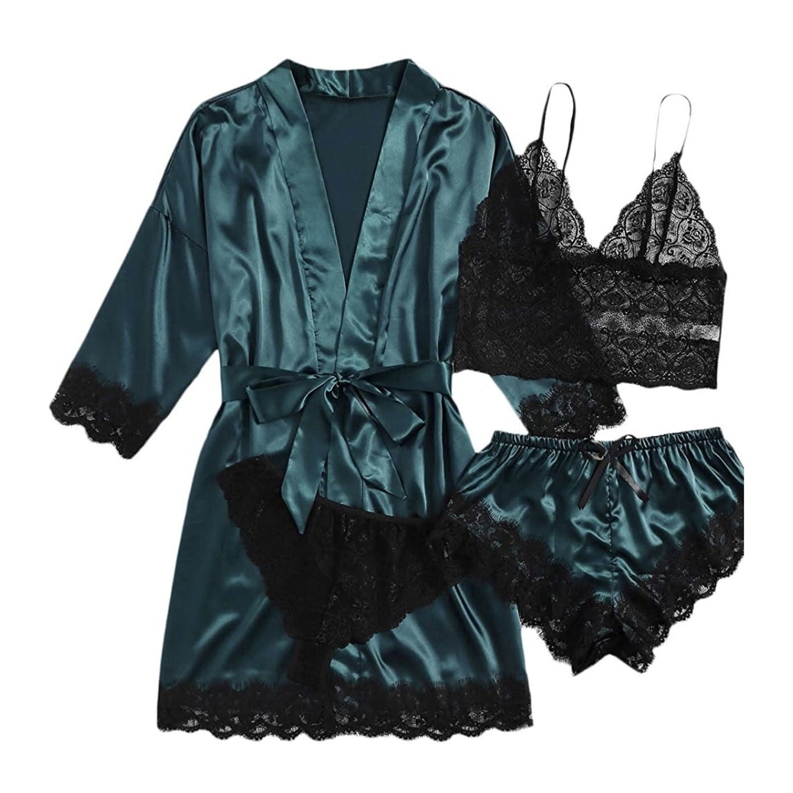 Women Silk Satin Pajamas Set 4pcs Lingerie Floral Lace Sleepwear With