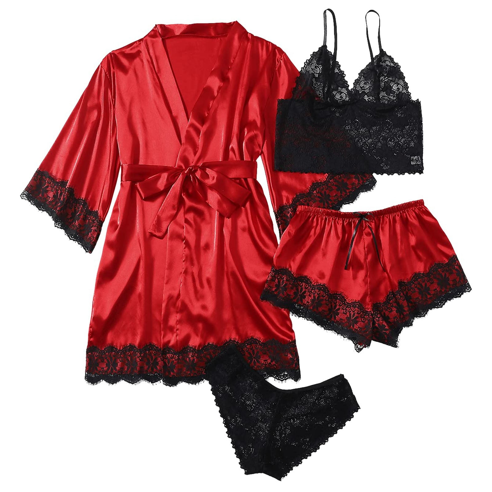Women Silk Satin Pajamas Set 4pcs Lingerie Floral Lace Sleepwear With
