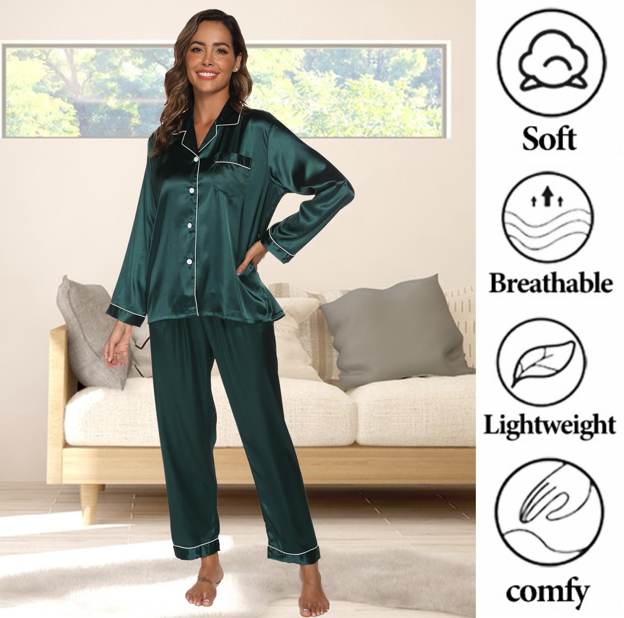 Women Silk Satin Pajamas Set Long Sleeve Button Down Pajama Set 2 Piece ...