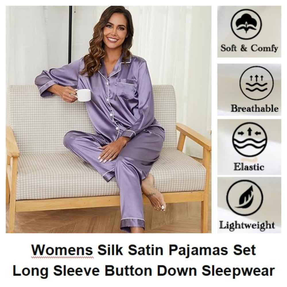 Women Silk Satin Pajamas Set Long Sleeve Button Down Pajama Set 2 Piece ...