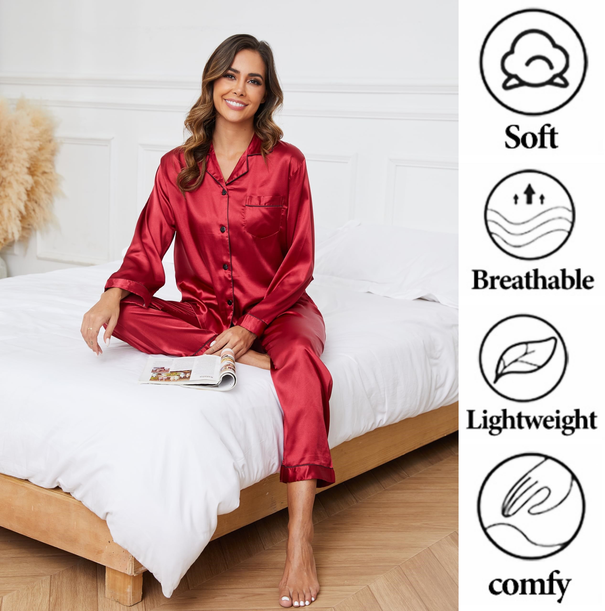 Women Silk Satin Pajamas Set Long Sleeve Button Down Pajama Set 2 Piece ...