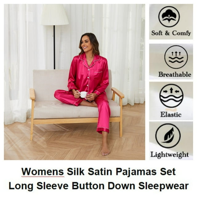 Women Silk Satin Pajamas Set Long Sleeve Button Down Pajama Set 2 Piece