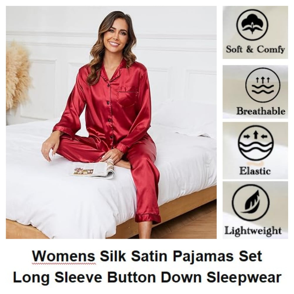 Women Silk Satin Pajamas Set Long Sleeve Button Down Pajama Set 2 Piece ...