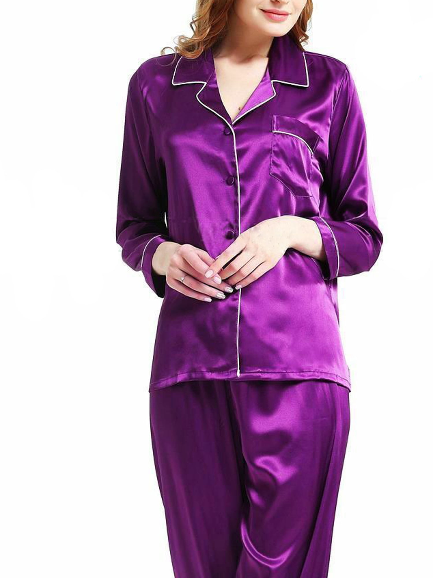 Women Silk Satin Pajamas Set Long Sleeve Long Button Down Loungewear
