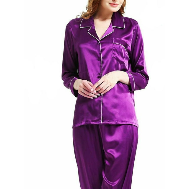 Women Silk Satin Pajamas Set Long Sleeve Long Button Down Loungewear