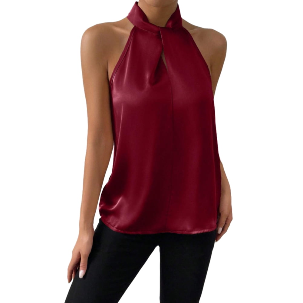 Women Silk Satin Tank Tops Dressy V Neck Camisole Blouse Casual Sleeveless Cami Summer Tanks ...