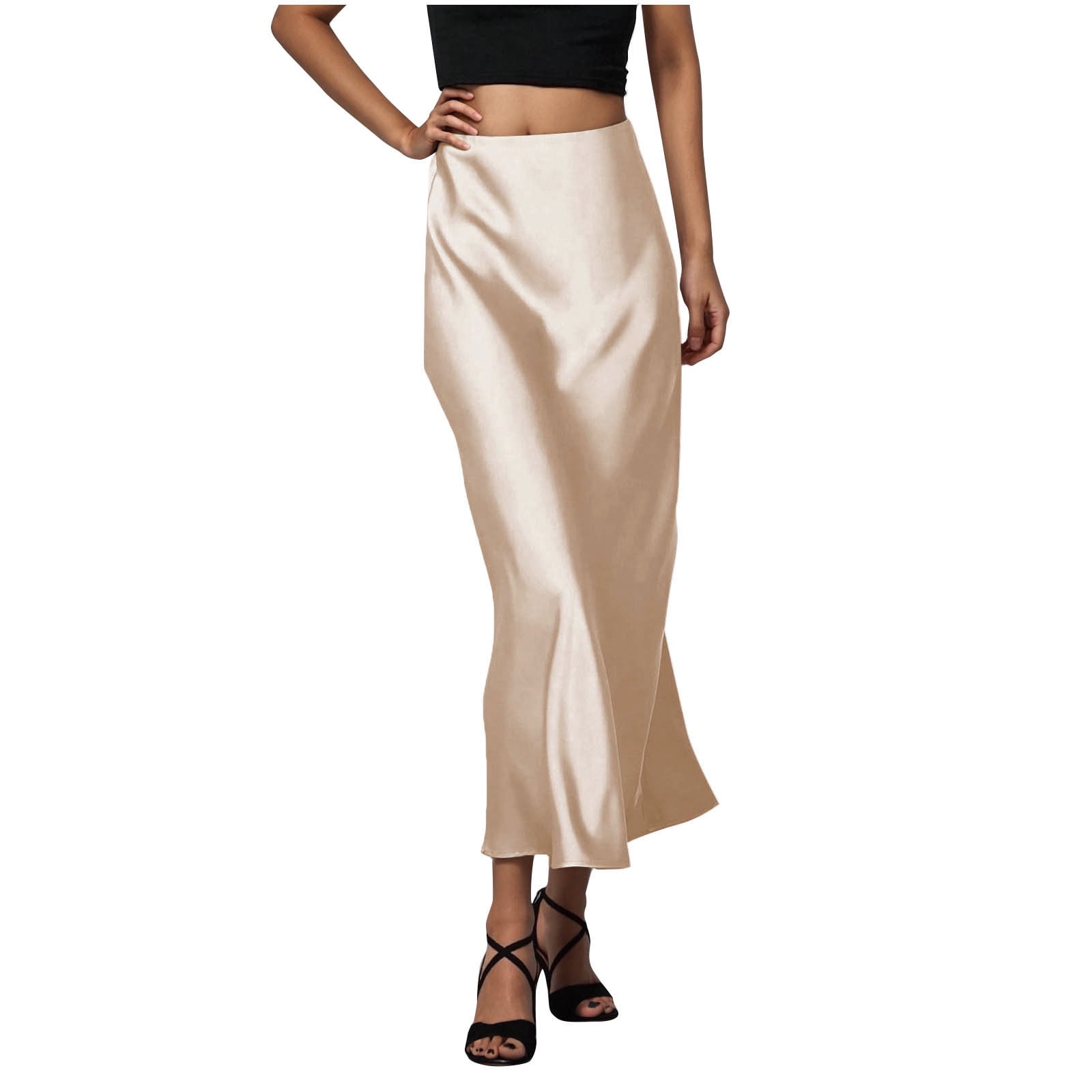 Women Silky Satin Maxi Skirt High Waist Elastic Elegant A Line Midi ...