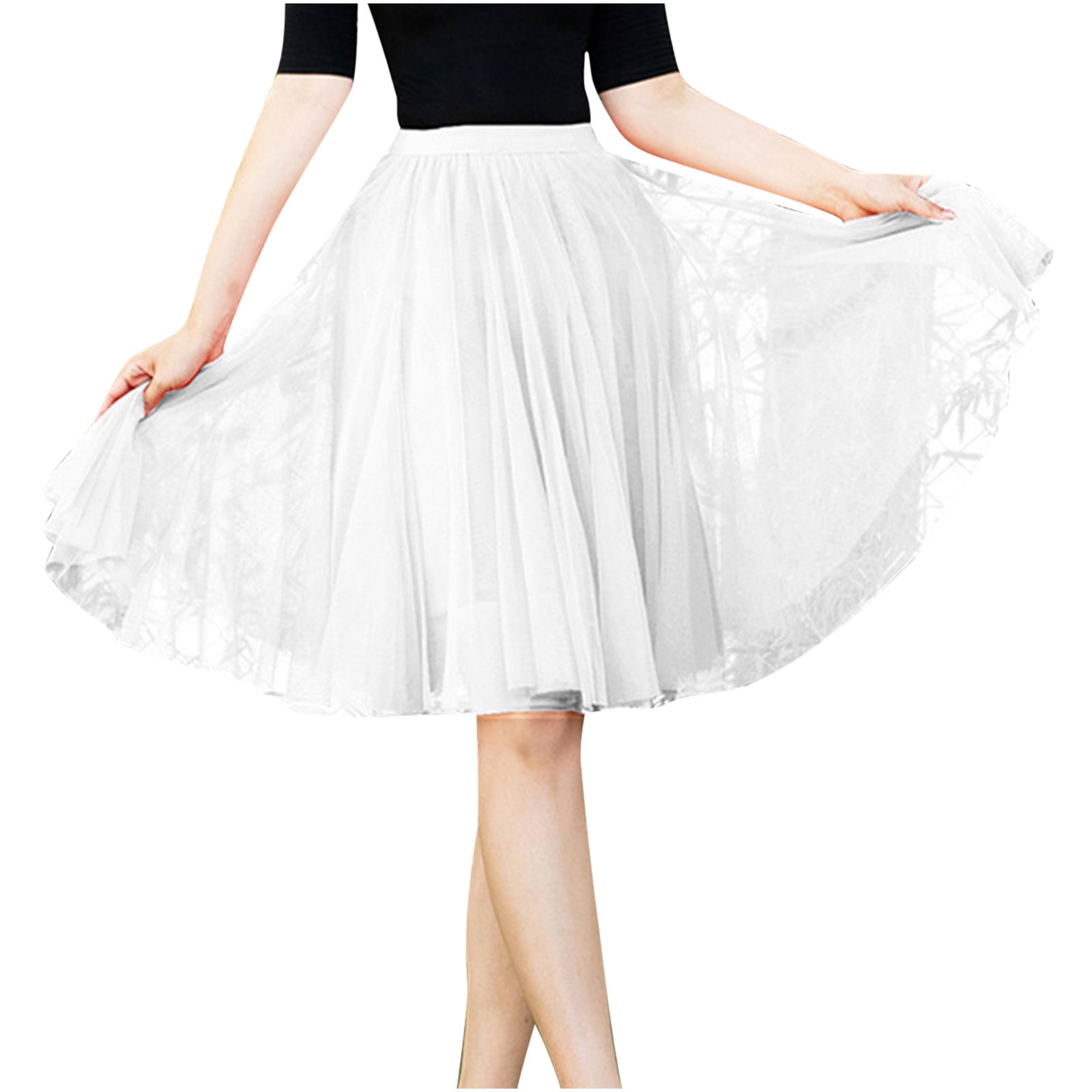 Women Skirts Knee Length Tulle Skirt High Waist A-line Pleated Princess ...