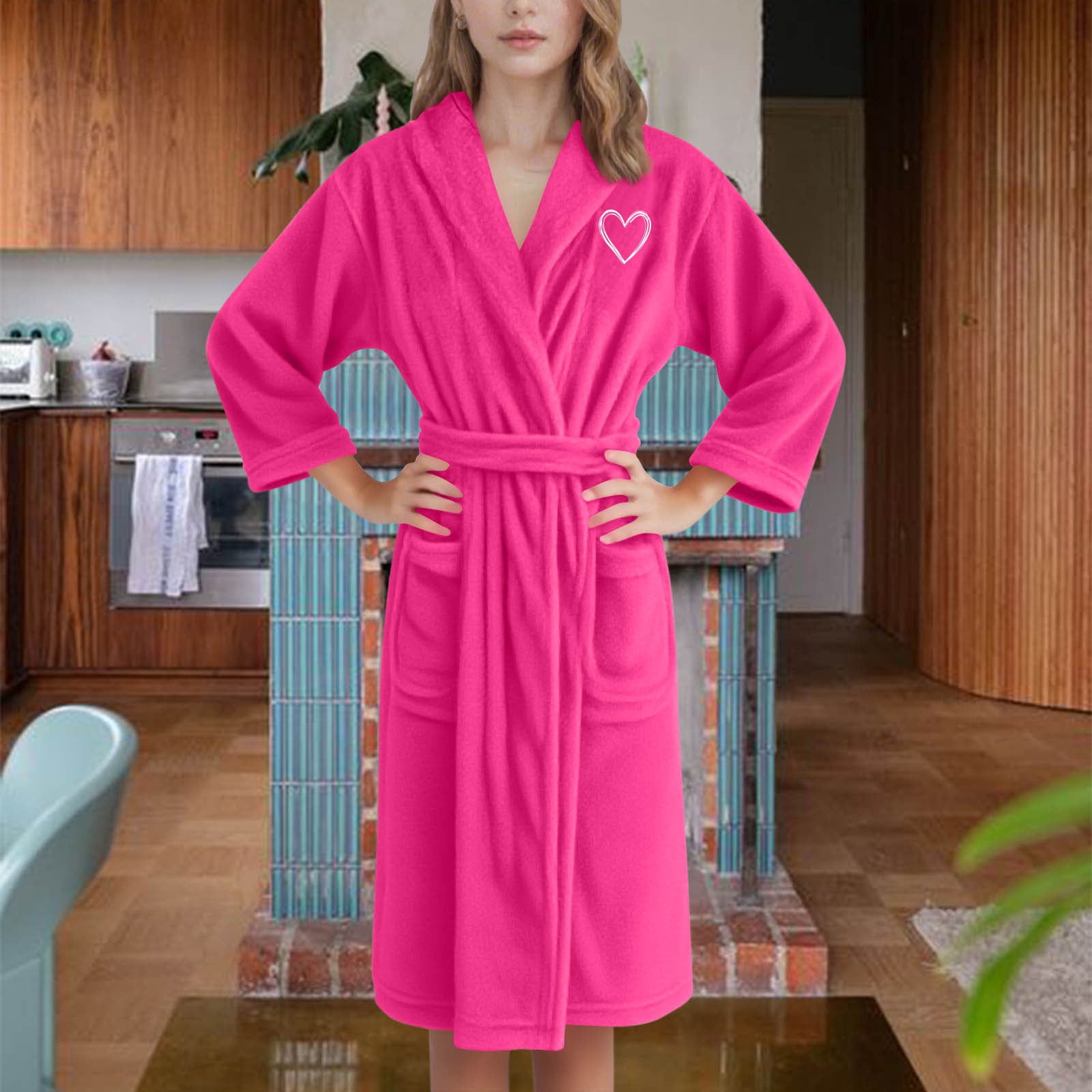 Women Sleep Robes Flannel Hooded V Neck Heart Graphic Print Thic Fleece ...