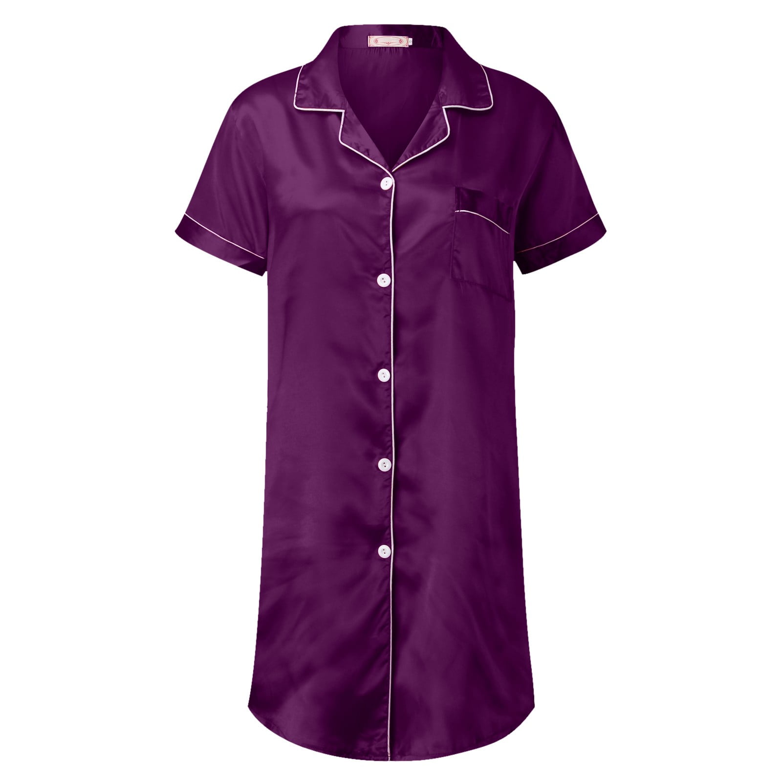 Women Sleepwear Satin Nightgown Short Sleeved Button Up Sleepshirt ...