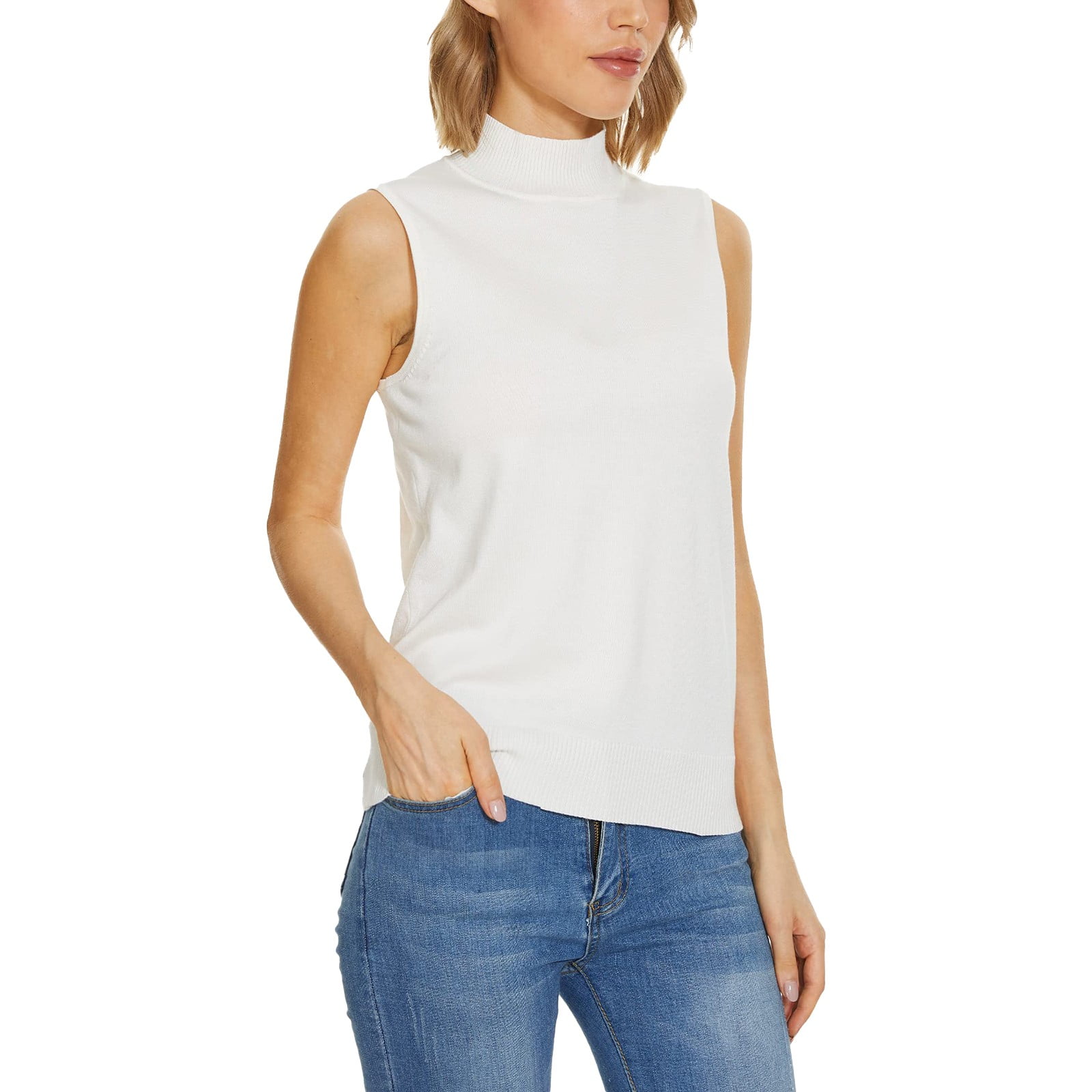 Women Sleeveless Neck Tops For Women Sweater Knit Turtleneck Soft Basic ...