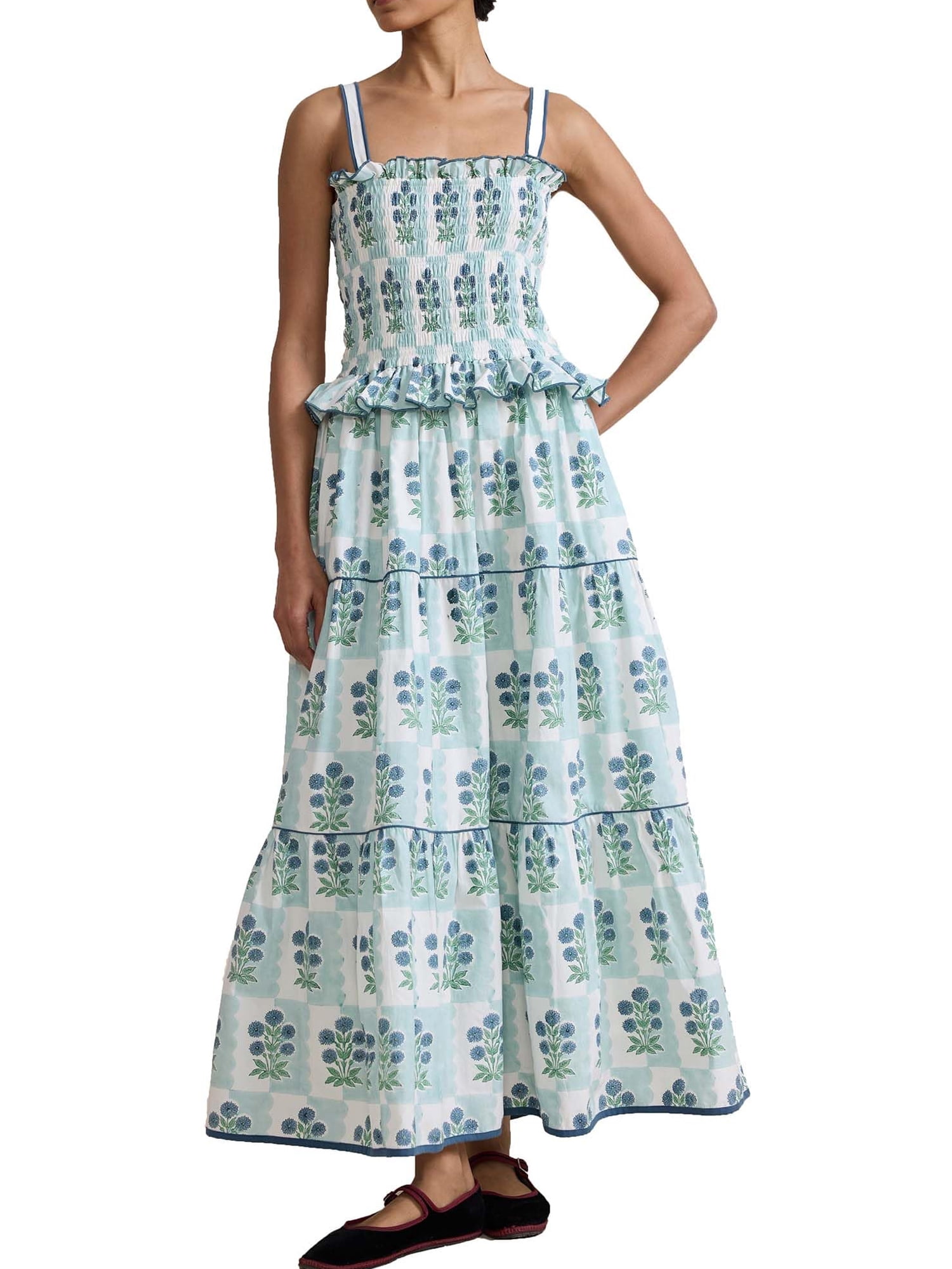 Women Sleeveless Smokced Ruffle Floral Maxi Dress Spaghetti Strap Boho ...
