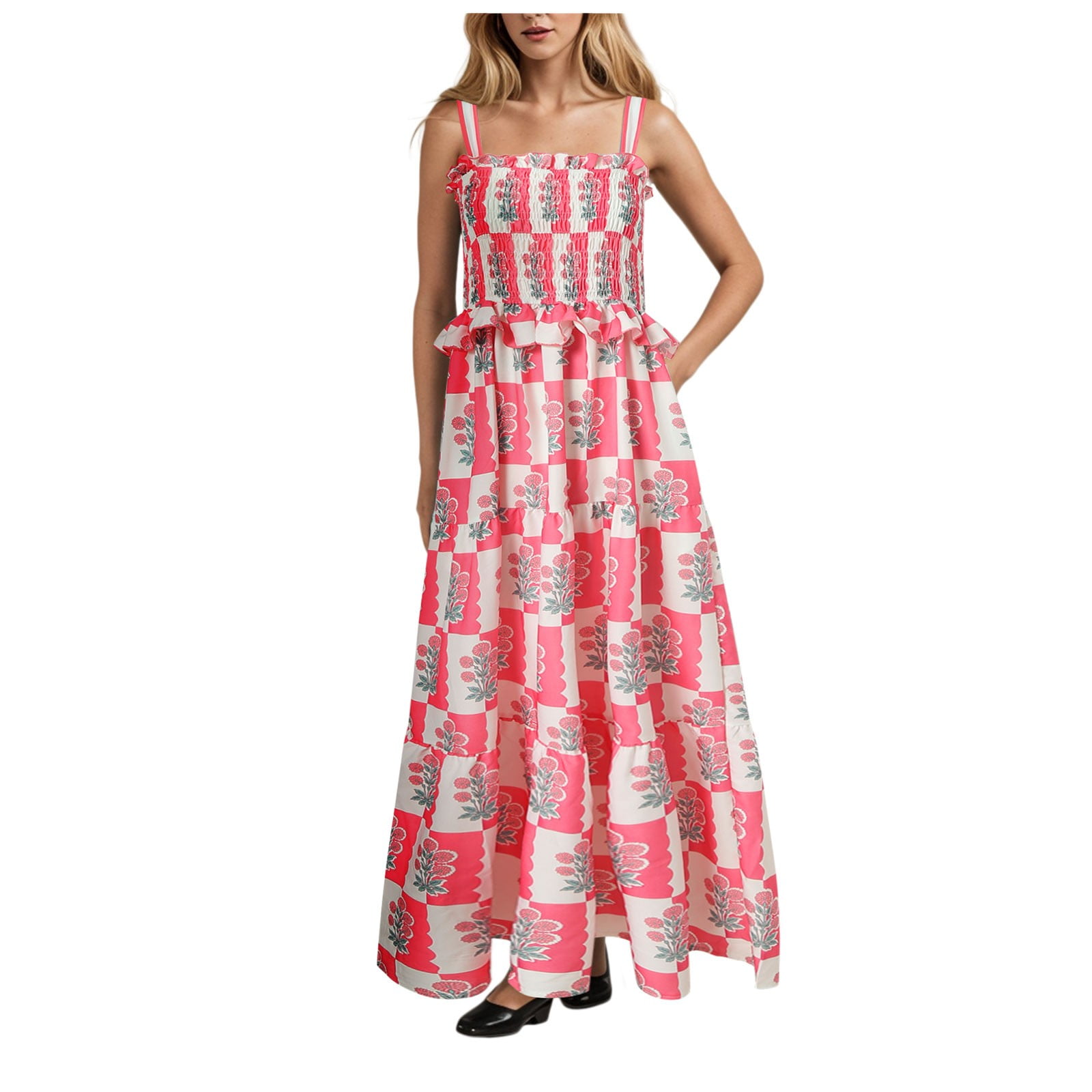 Women Sleeveless Smokced Ruffle Floral Maxi Dress Spaghetti Strap Long ...