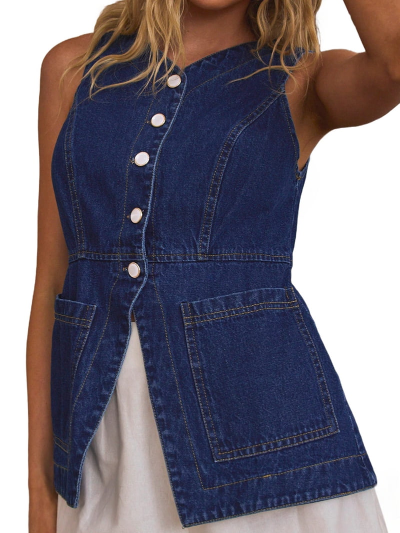 Women Sleeveless Strechy Jean Vest Top Button Down Casual Summer ...