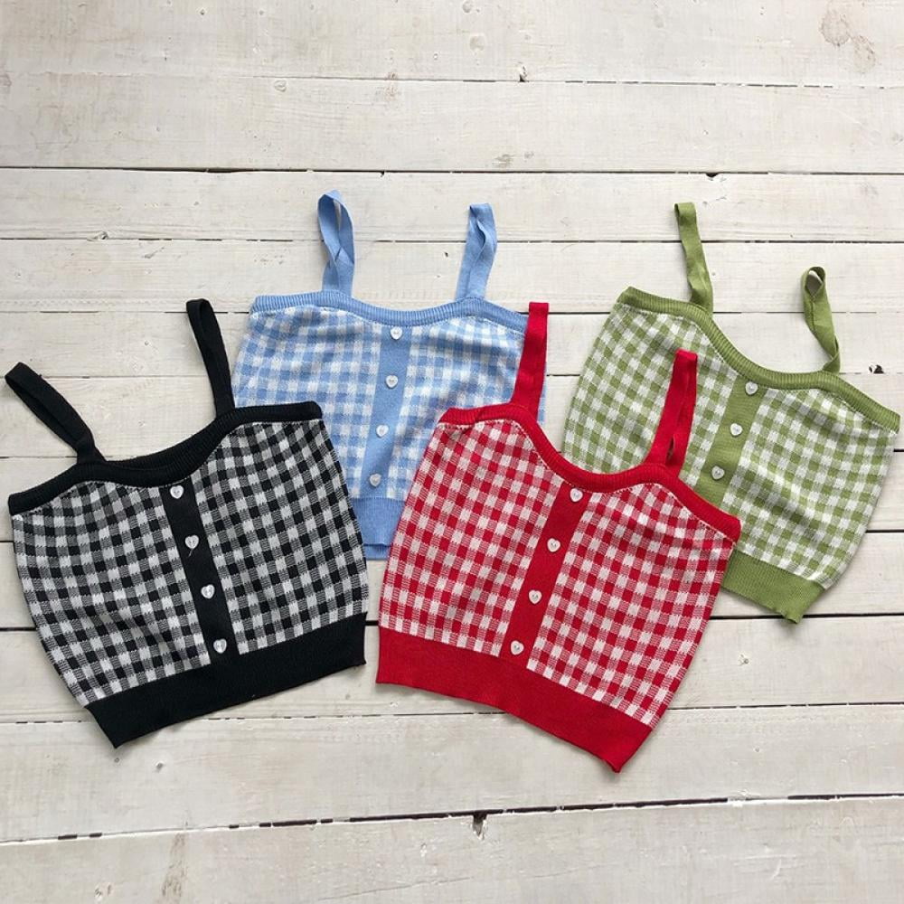 Women Slim Camisole Short Knitted Camisole Retro Lattice Sling Plaid ...