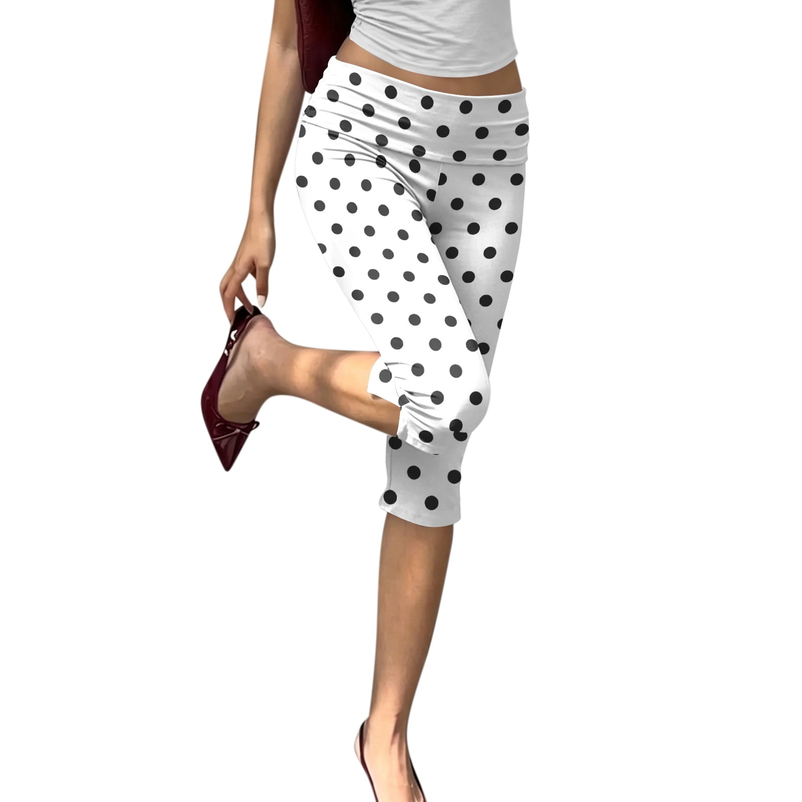 Women Slim Fitted Capri Leggings 2026 Summer Polka Dots Capri Pants ...