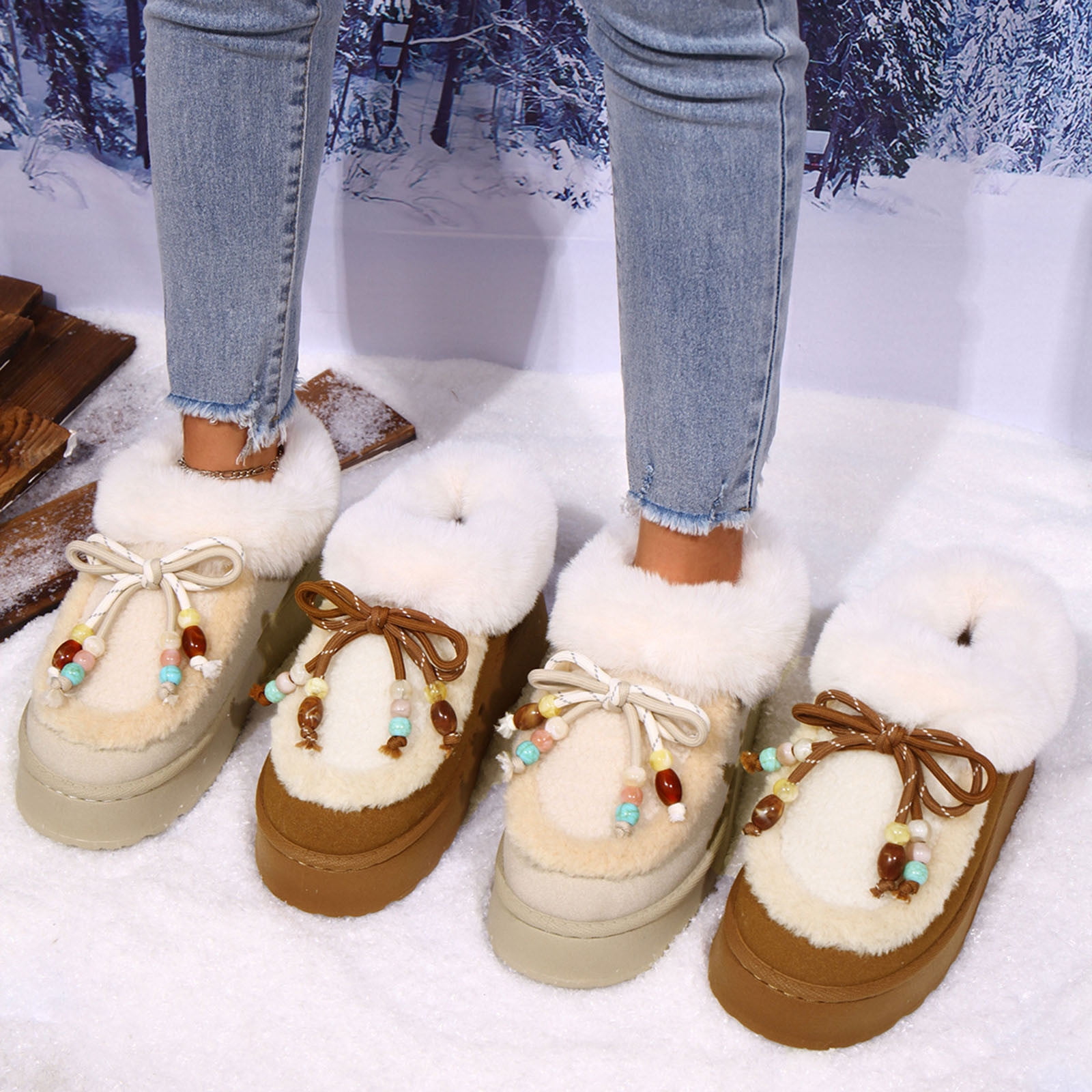 Women Slippers Round Toe Thickened Velvet Solid Color Slip-on House ...