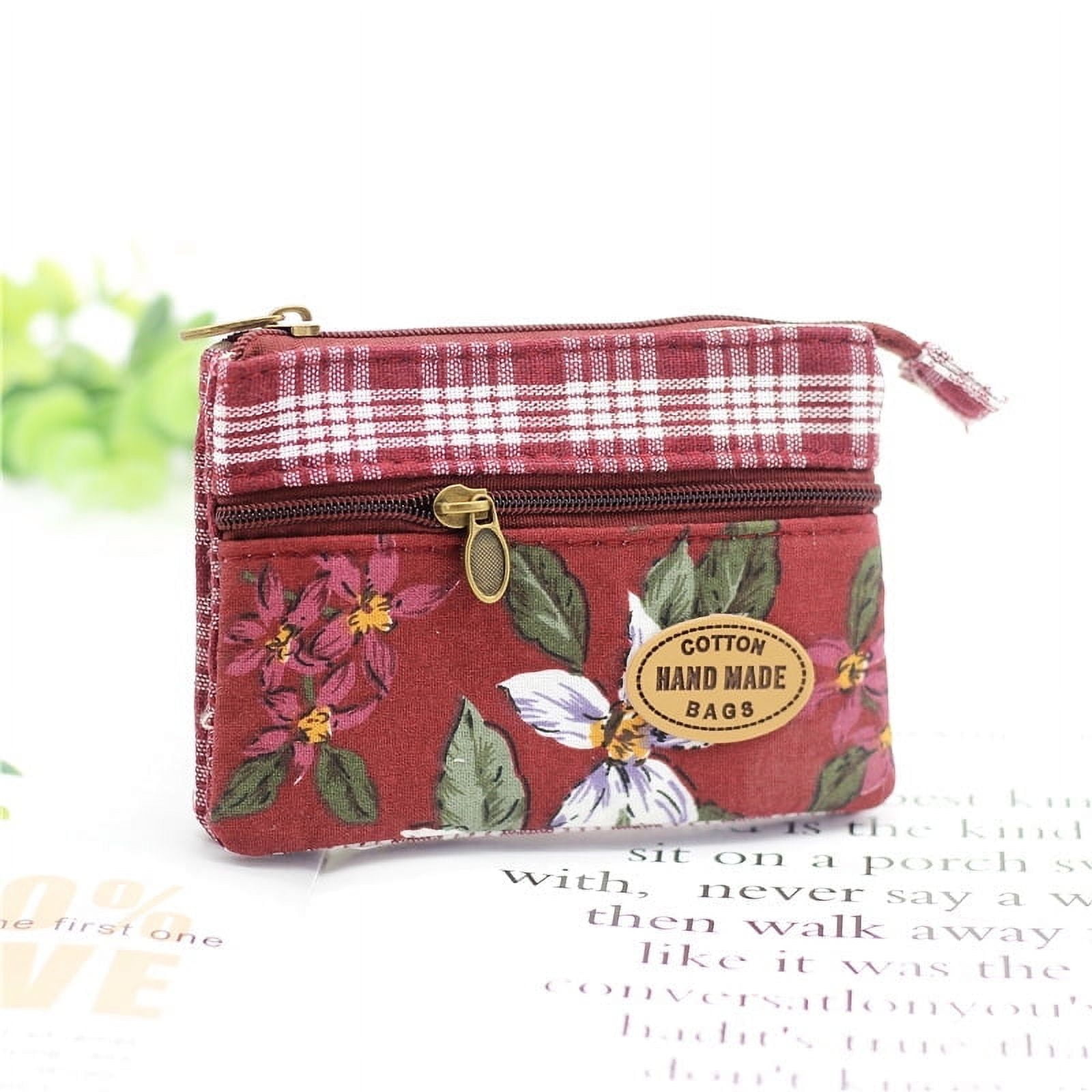 Women Small Zipper Coin Purse - Handmade Fabric Flower Embroidered ...