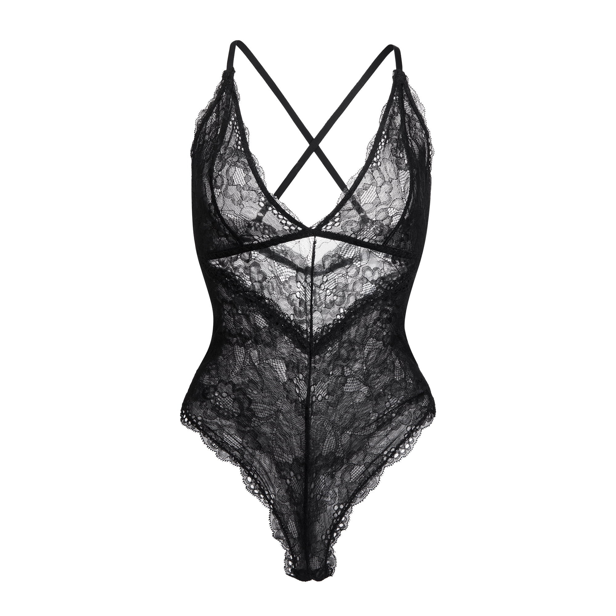 Women Snap Crotch Lingerie Lace Bodysuit Deep V Neck One Piece Lace