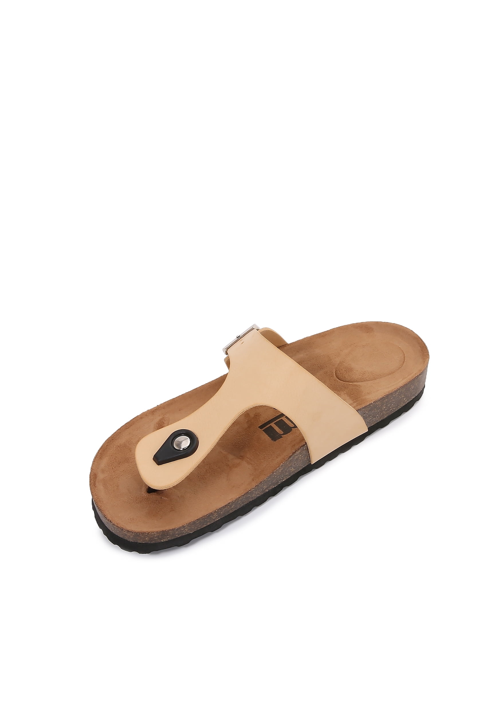 Women Soft Cork Footbed PU Leather Hook and Loop T Strap Flip Flops (PU ...