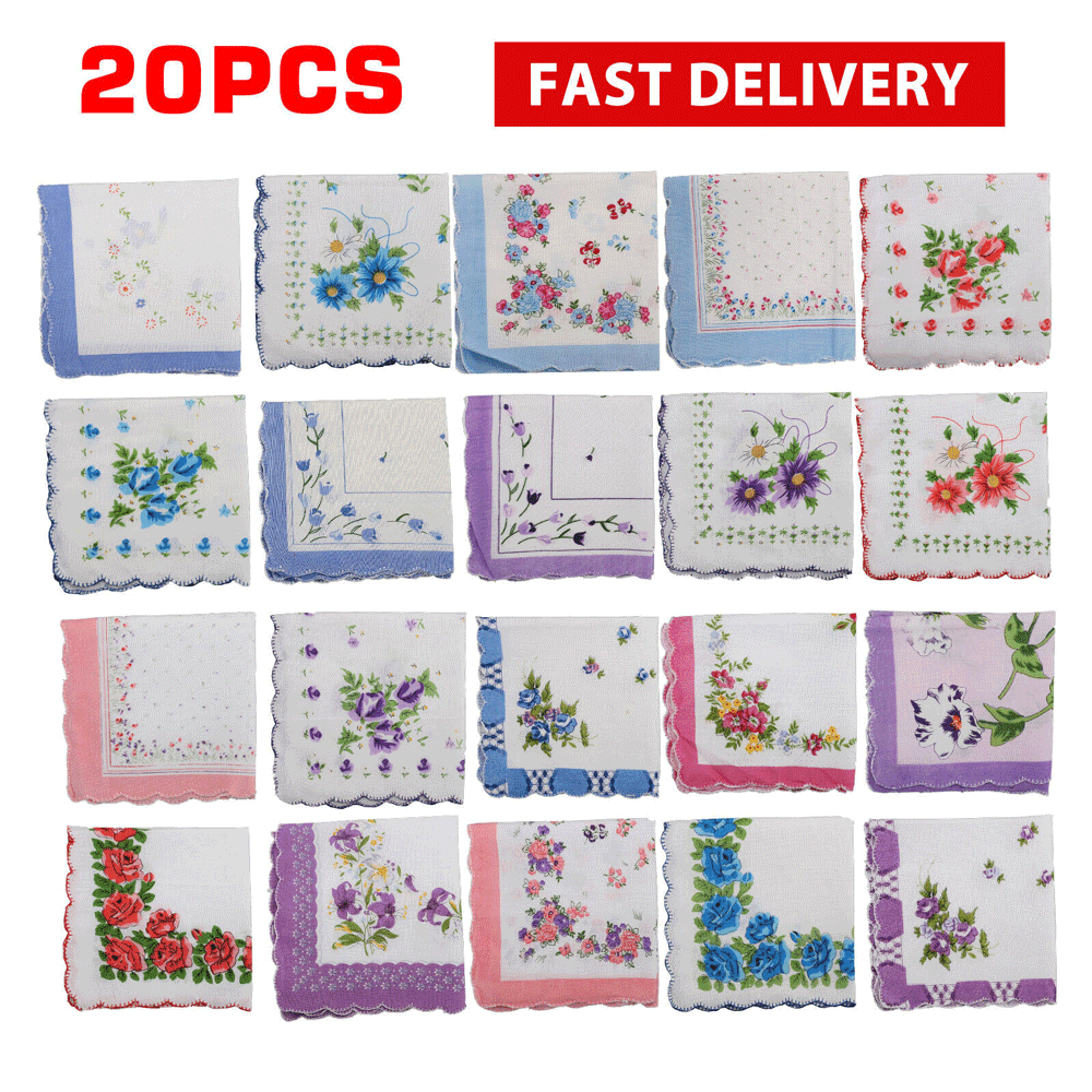 Women Soft Cotton Pocket Vintage Flowers Handkerchiefs 20 Pieces Ladies ...
