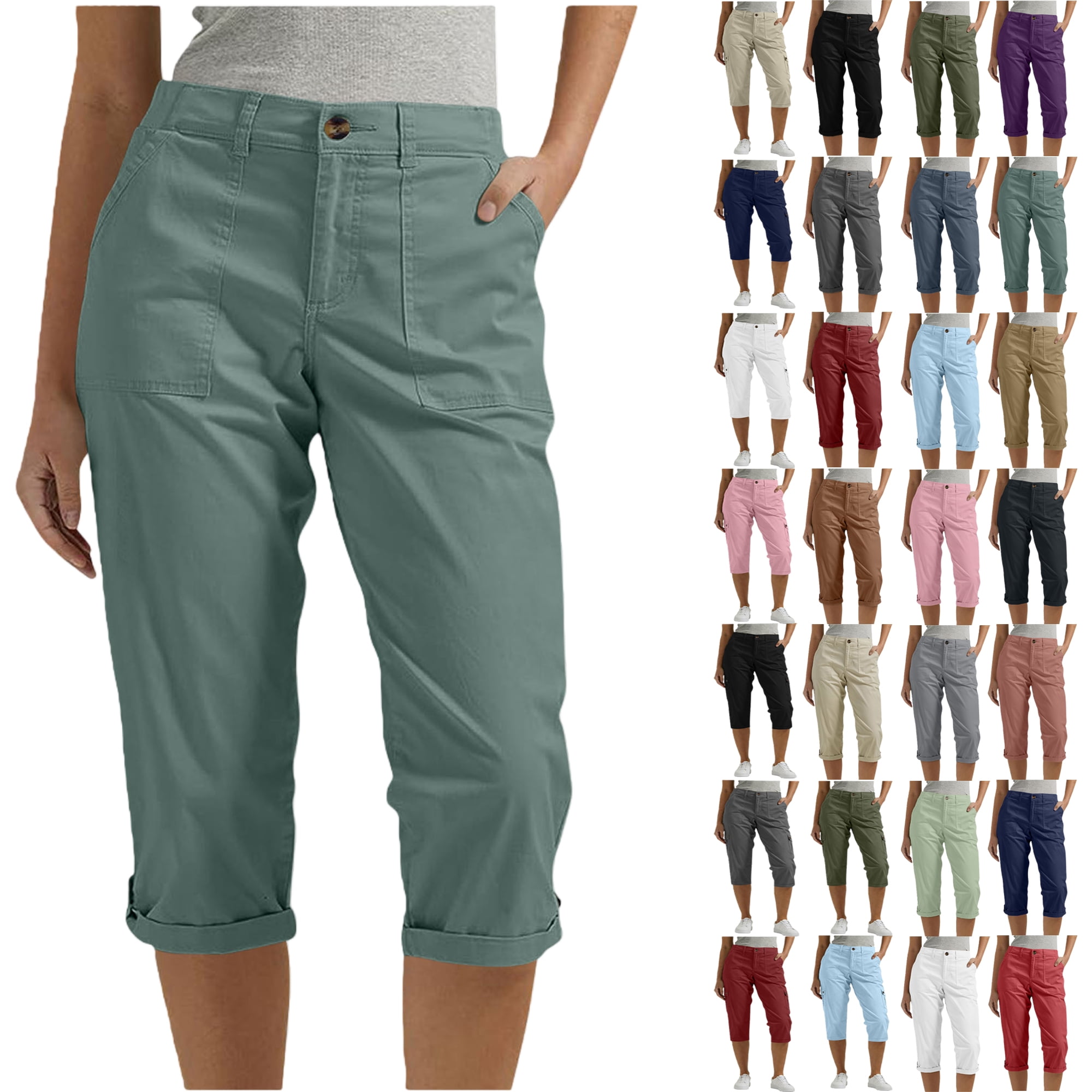 Women Solid Capris Pentagonal Shorts Pants Elastic Waist Casual Work ...