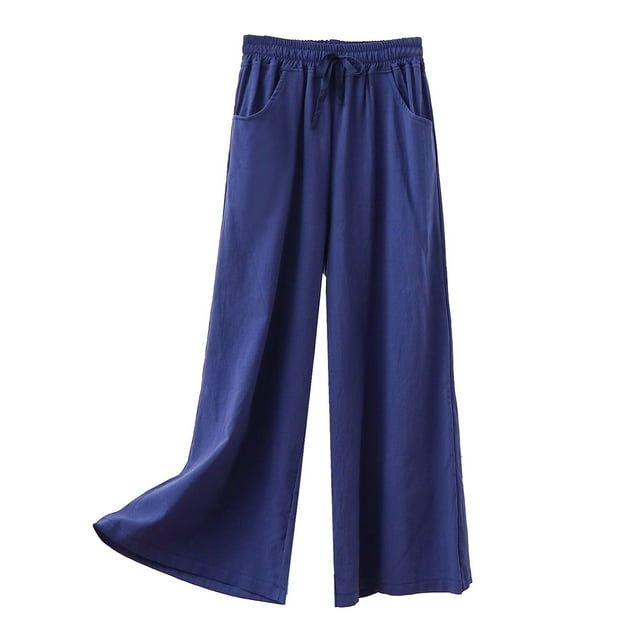 Women Solid Casual Pocket Wide Leg Pants Elastic Waist Loose Pants