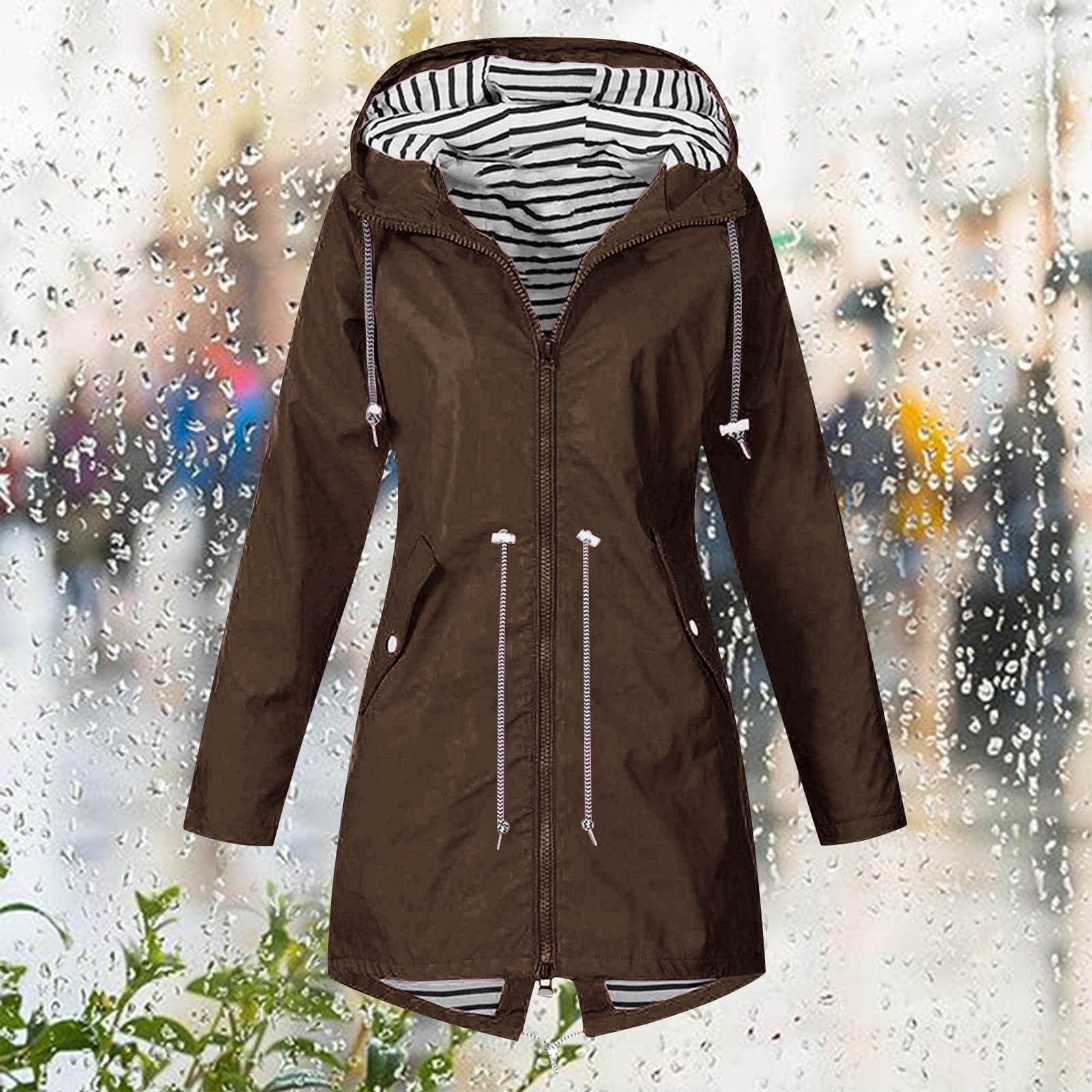 Women Solid Color Rain Jacket Outdoor Hooded Windproof Loose With ...