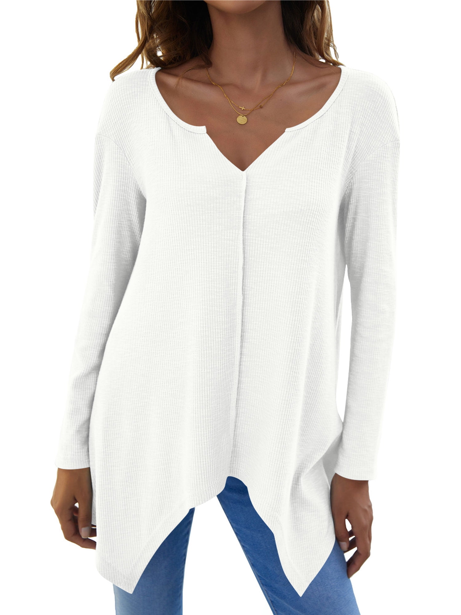ZXSXSY Women Solid Color V Neck Long Sleeve High-Low Hem Top - Walmart.com