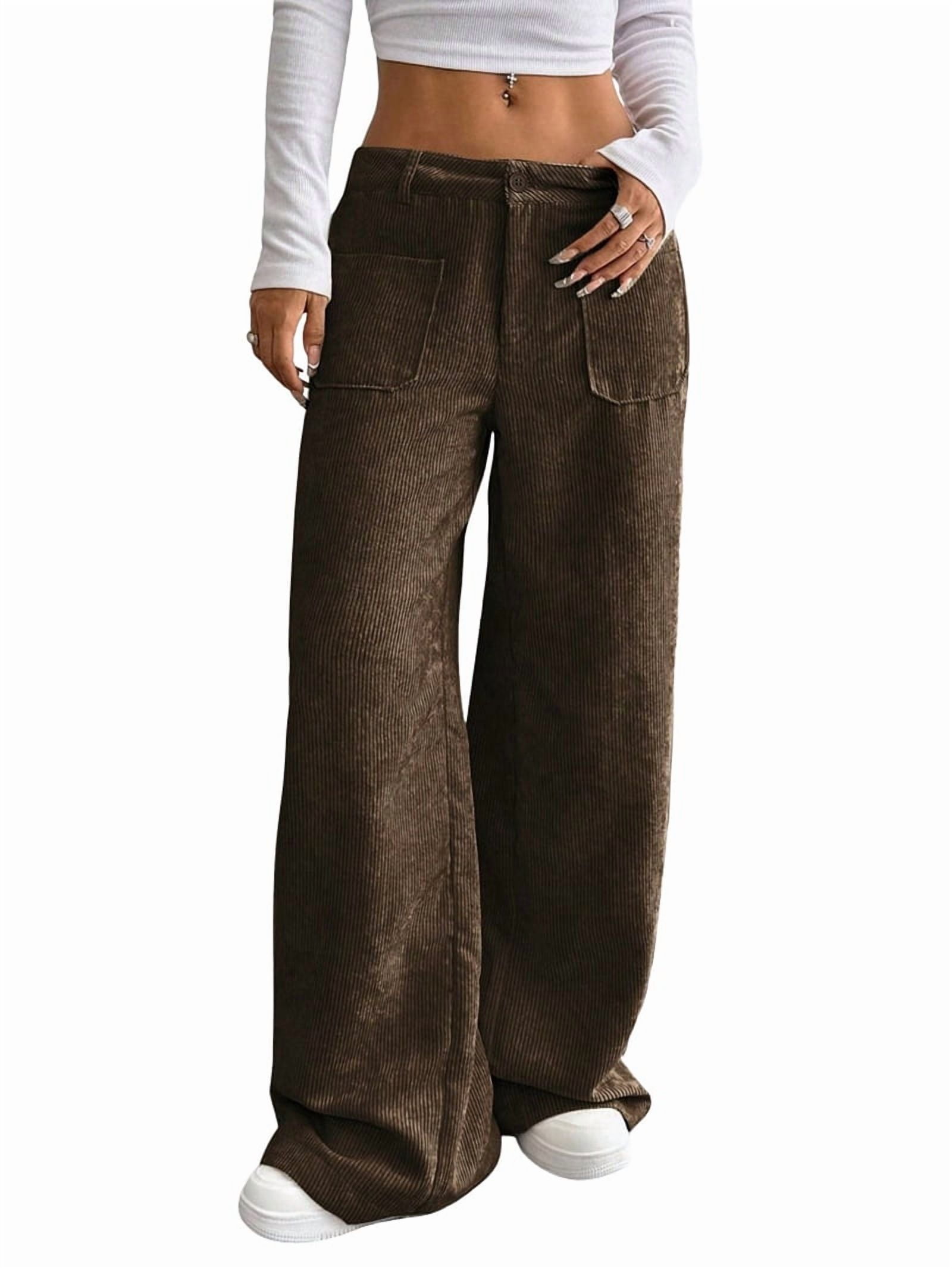 Women Solid Corduroy Wide Leg Pants Button Front Zipper Straight Pants ...