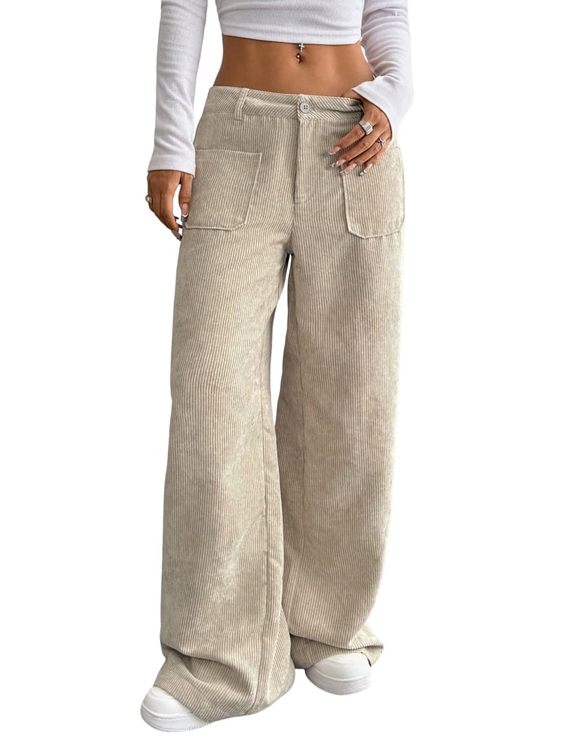 Women Solid Corduroy Wide Leg Pants Button Front Zipper Straight Pants ...