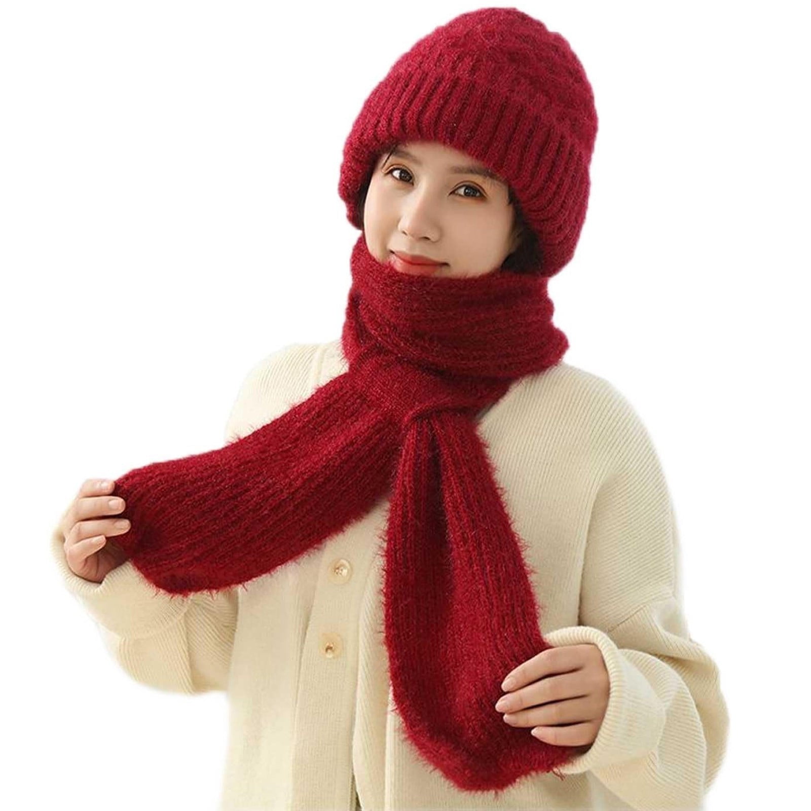 Women Solid Integrated Ear Windproof Hats Scarf Hooded Winter 2 in 1 ...
