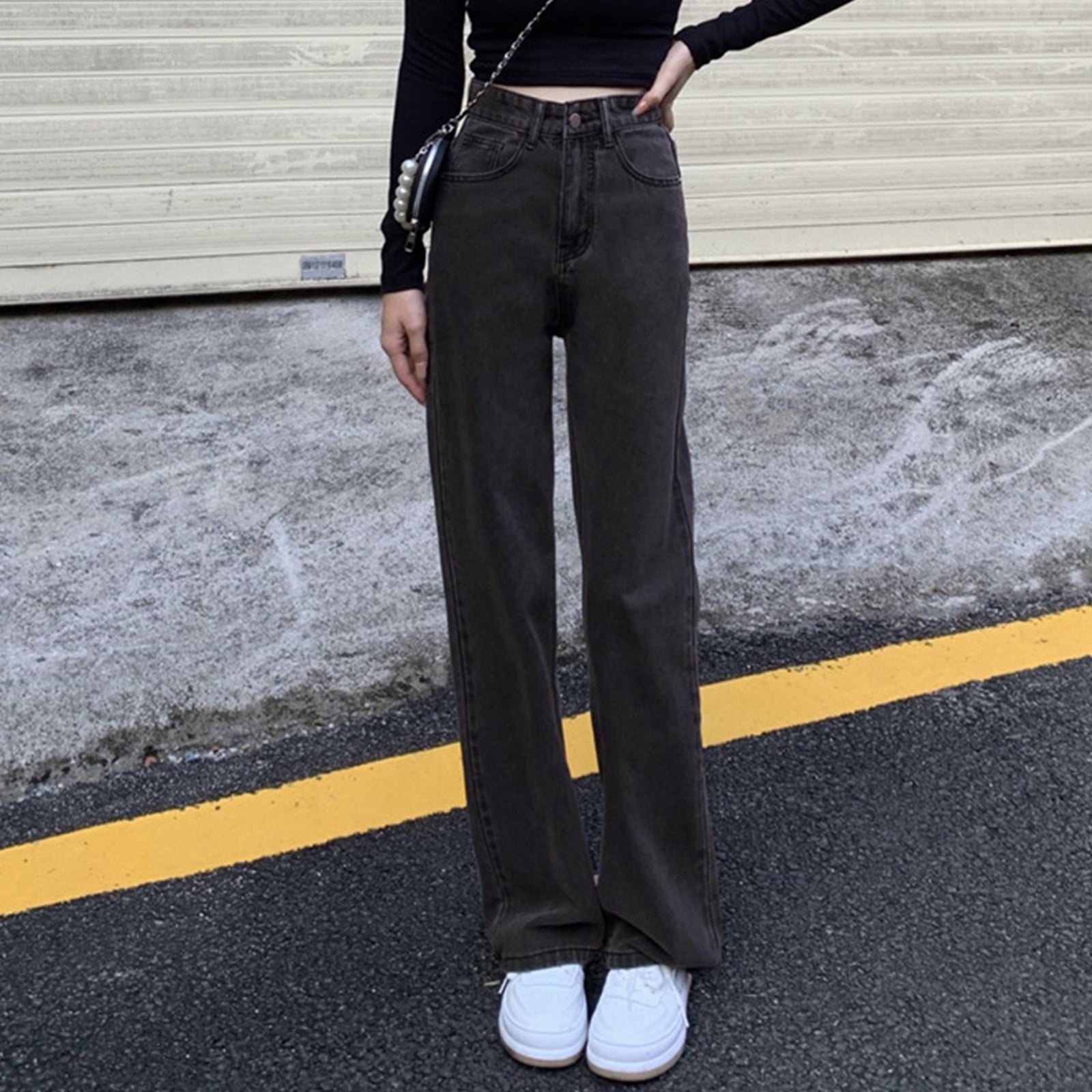 Women Solid Wide Leg Jeans High Waist Pants Drooping Straight Women's ...