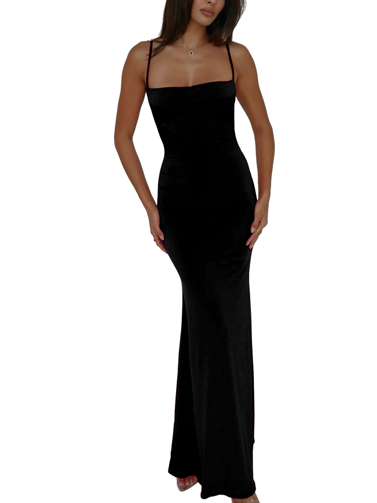 Women Spaghetti Strap Dress Square Neck Sleeveless Tight Fitted Long ...