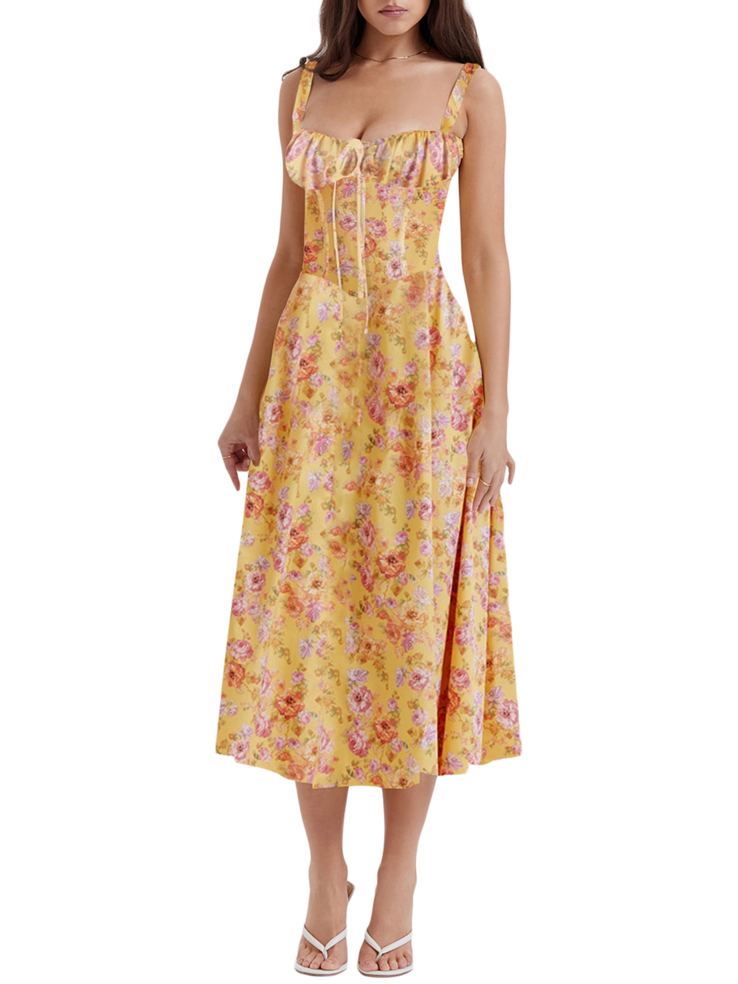 Women Spaghetti Strap Split Dress Low Cut Floral Bustier A-Line Dress ...