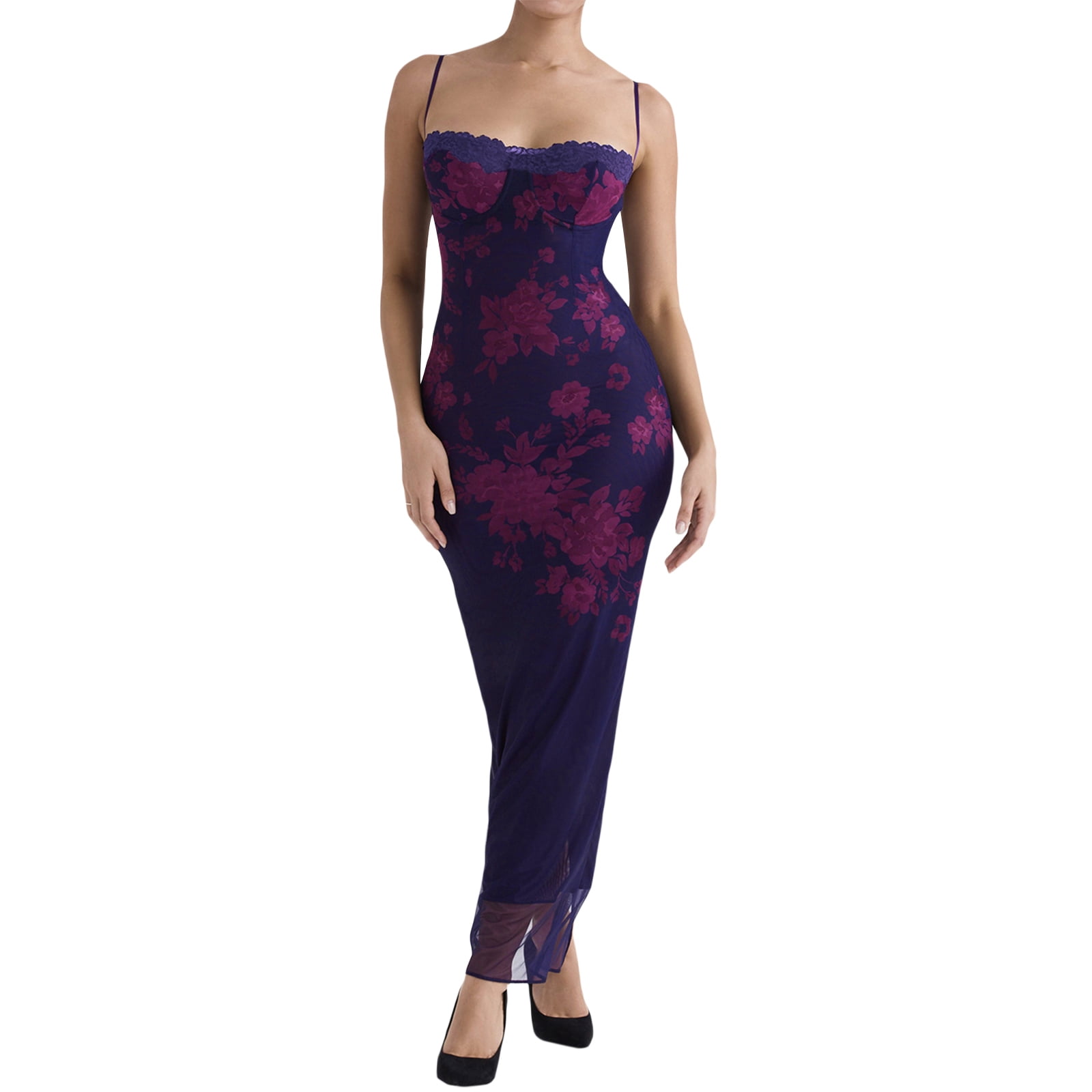 Women Spaghetti Strap Split Maxi Dress Sexy Hollow Out Bodycon Knit