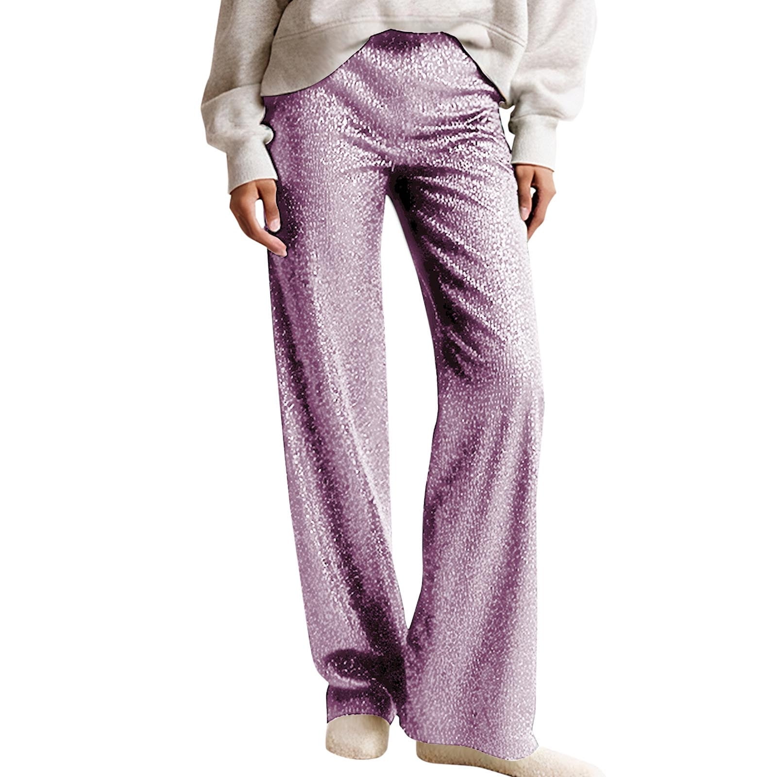 Women Sparkle Sequin Long Pants Party Shiny Glitter High Waist Straight ...