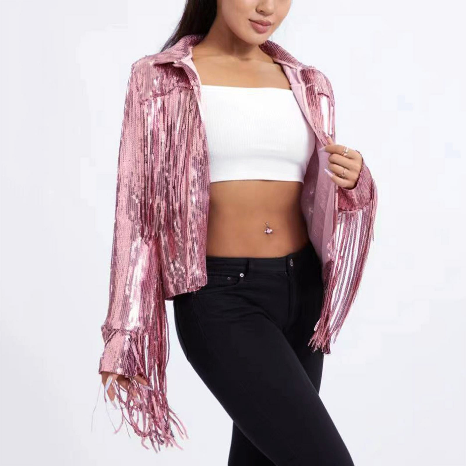Women Sparkly Sequin Jacket Shiny Glitter Tassel Fringe Hem Disco ...