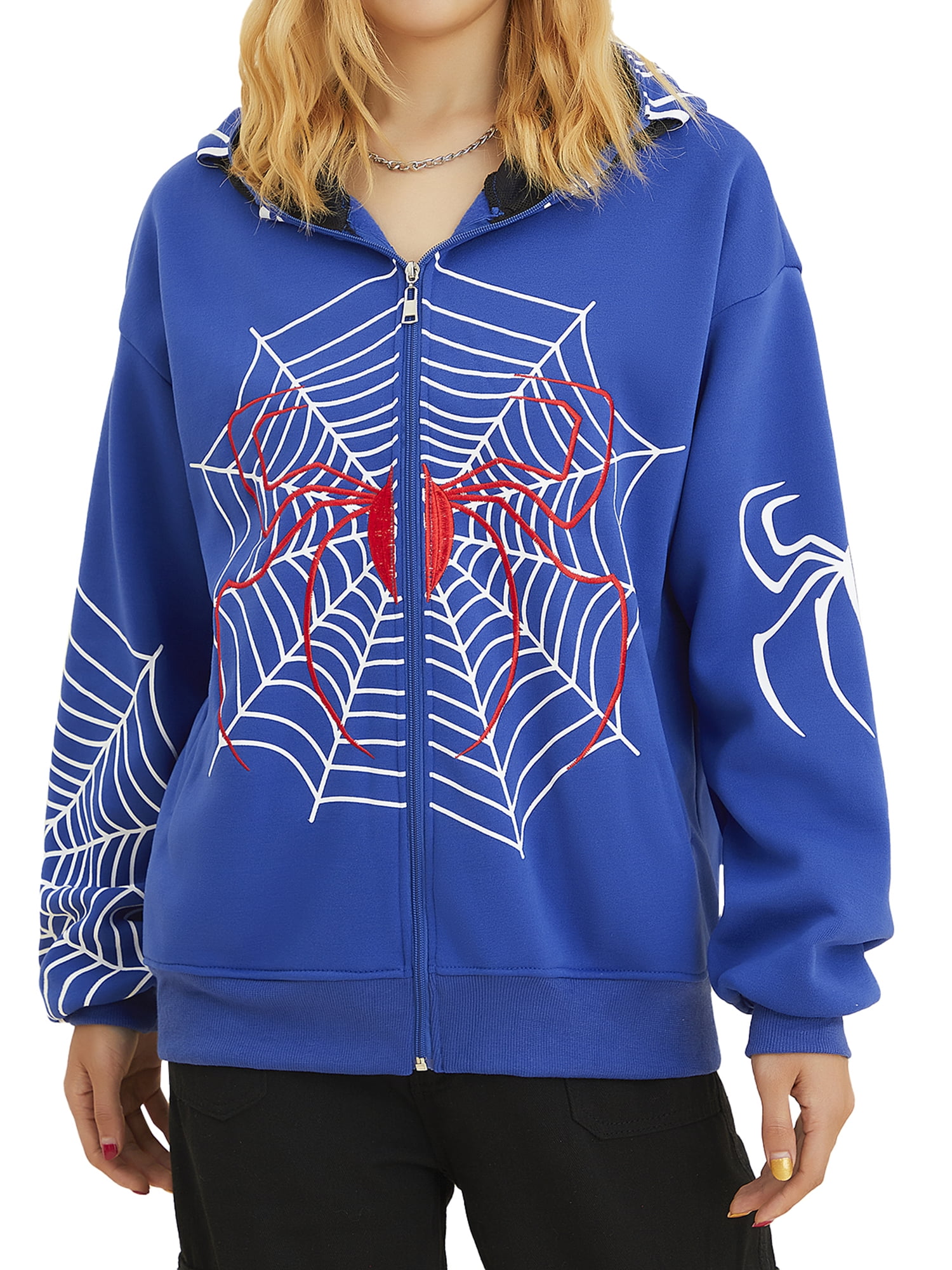 Women Spider Web Print Zip Up Loose Hoodies Y2K Retro Harajuku Oversized Gothic Hip Hop Long ...