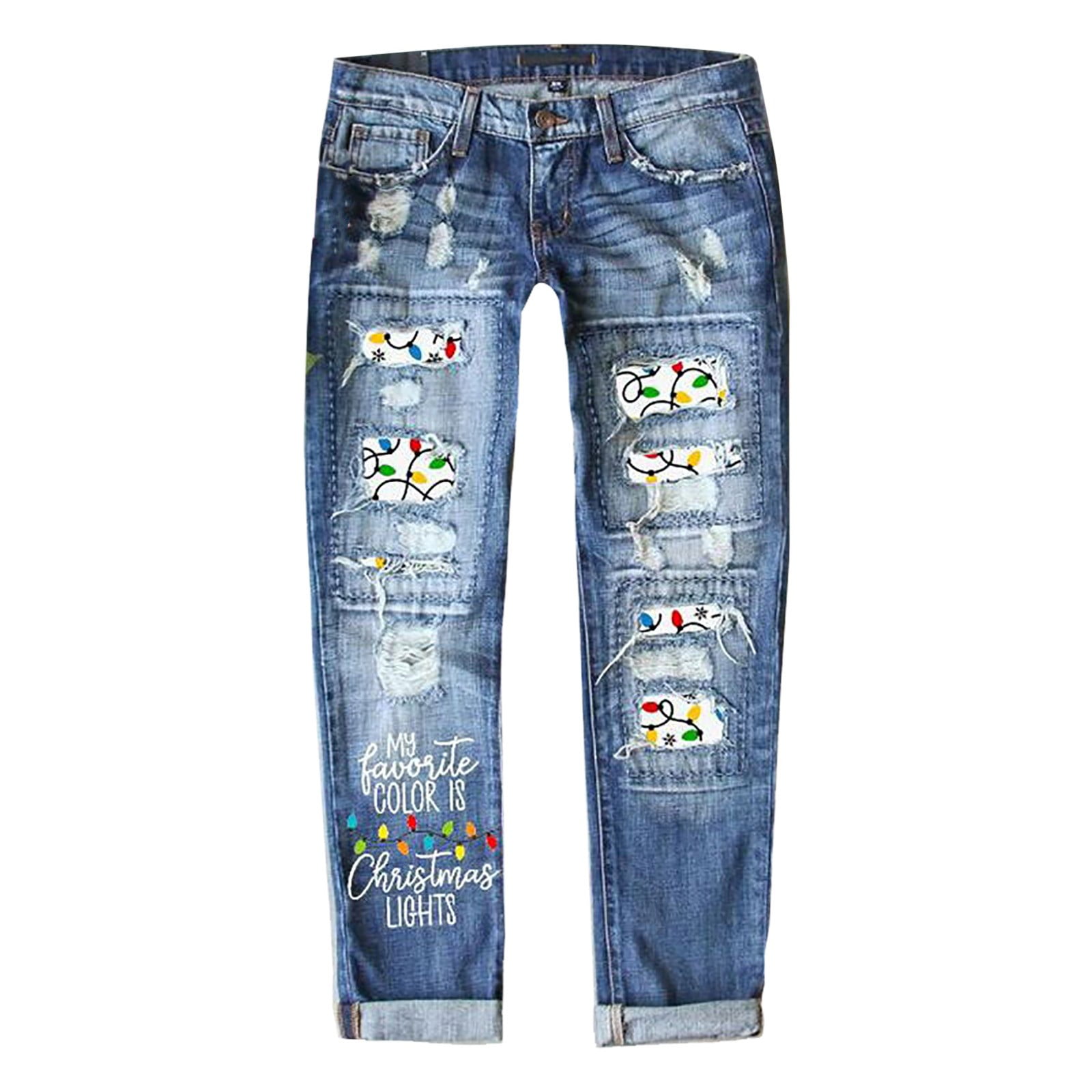 Women Spring Autumn Christmas Jeans Printed Hole Thickened Leisure ...