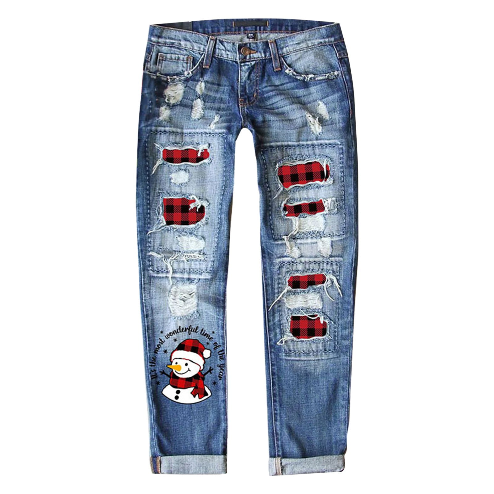 Women Spring Autumn Christmas Jeans Printed Hole Thickened Trousers ...