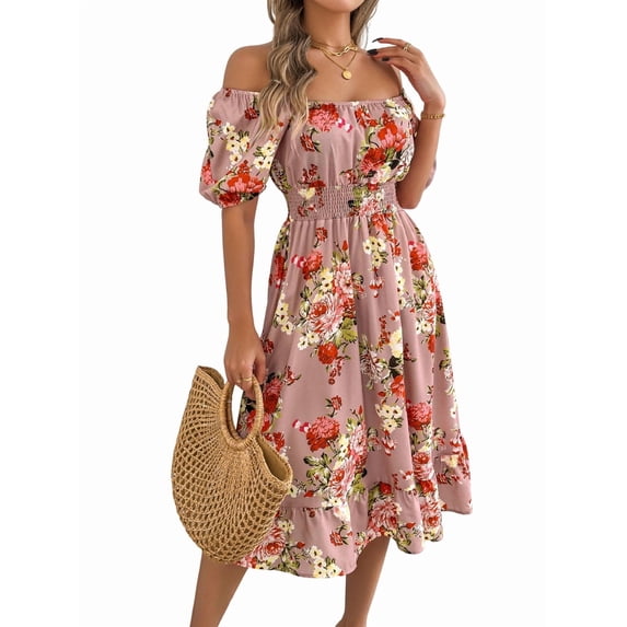 Women Spring Ruffle Off Shoulder Floral Midi Dress Summer Smocked Beach ...