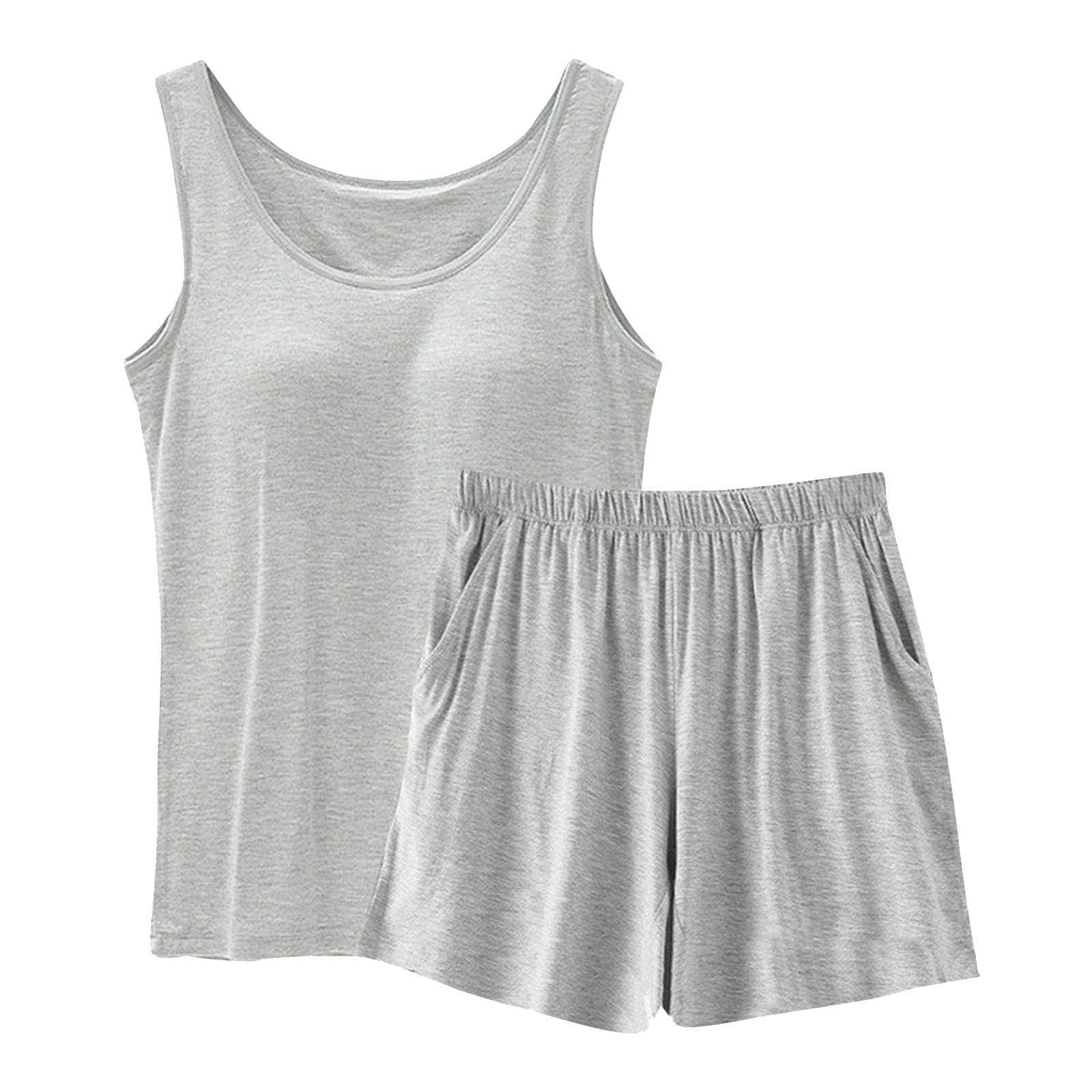 Women Spring and Summer Casual Solid Color Padded Tank Top Shorts Set ...