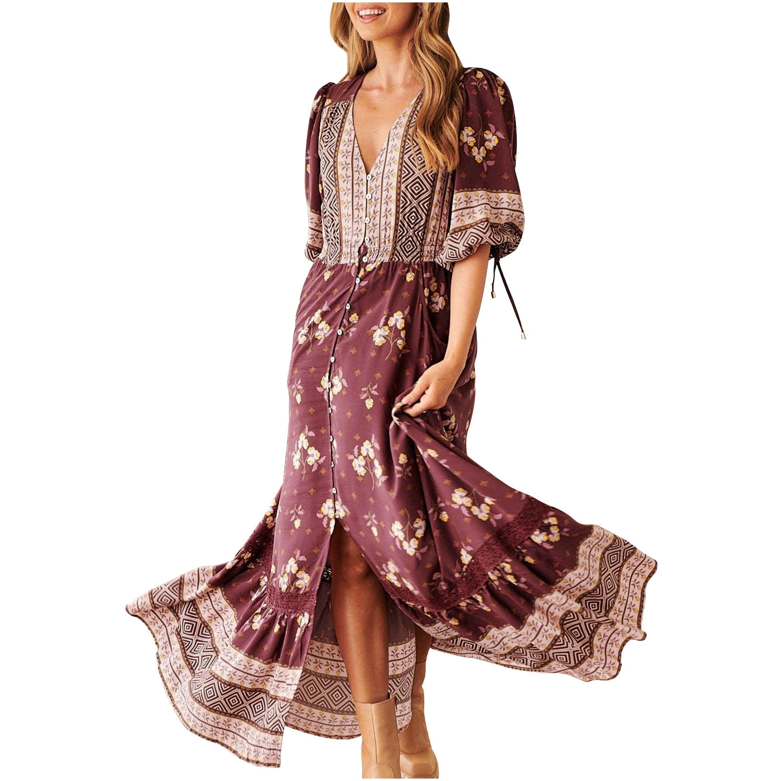 Women Spring Summer Dress Flowy Smocked Puff Sleeve Maxi Dress Casual Sweetheart Neck Floral ...