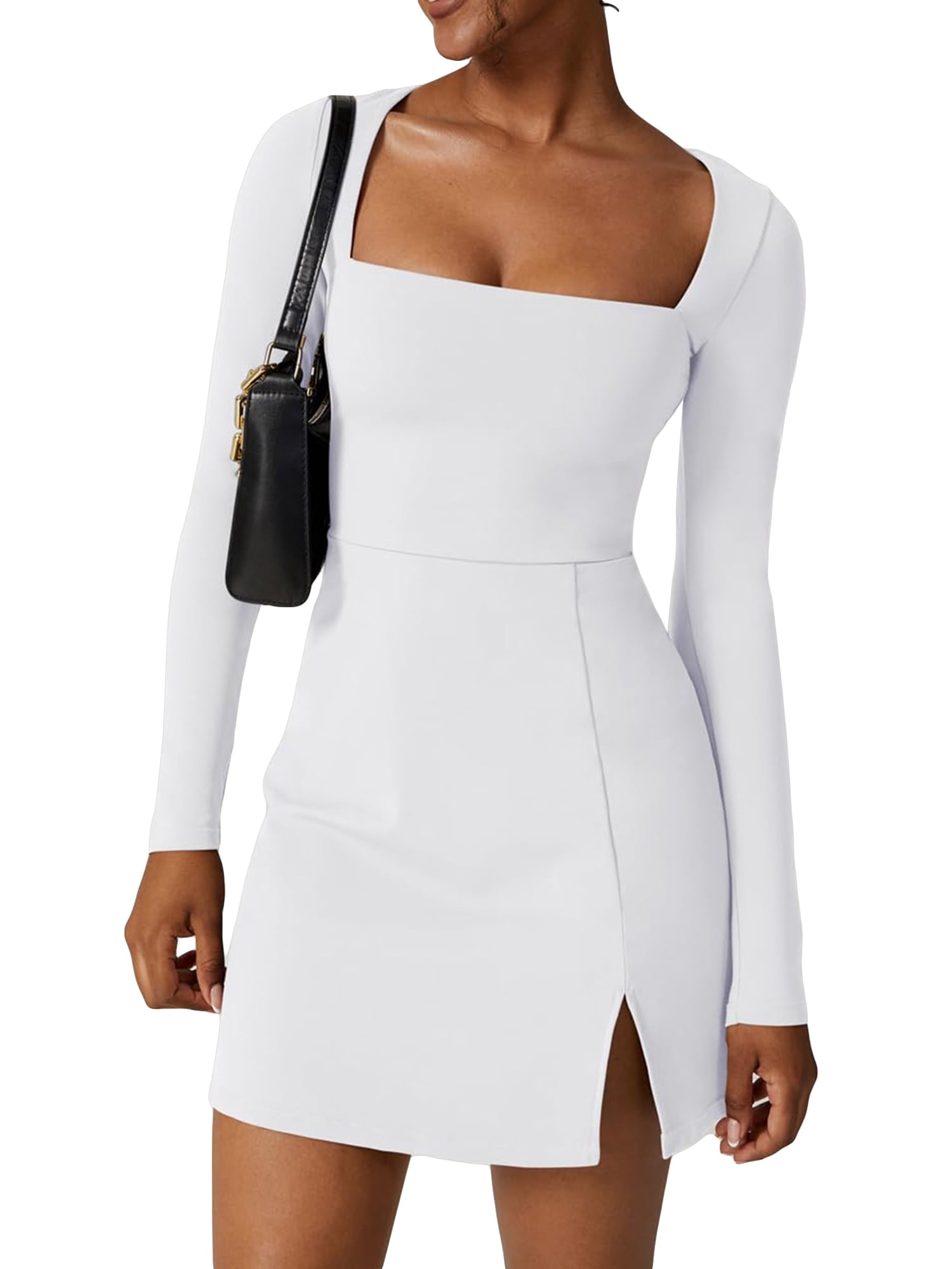 Shunvnny Women Spring Summer Short Dress Solid Color Long Sleeve Square Neck Split Hem Party ...