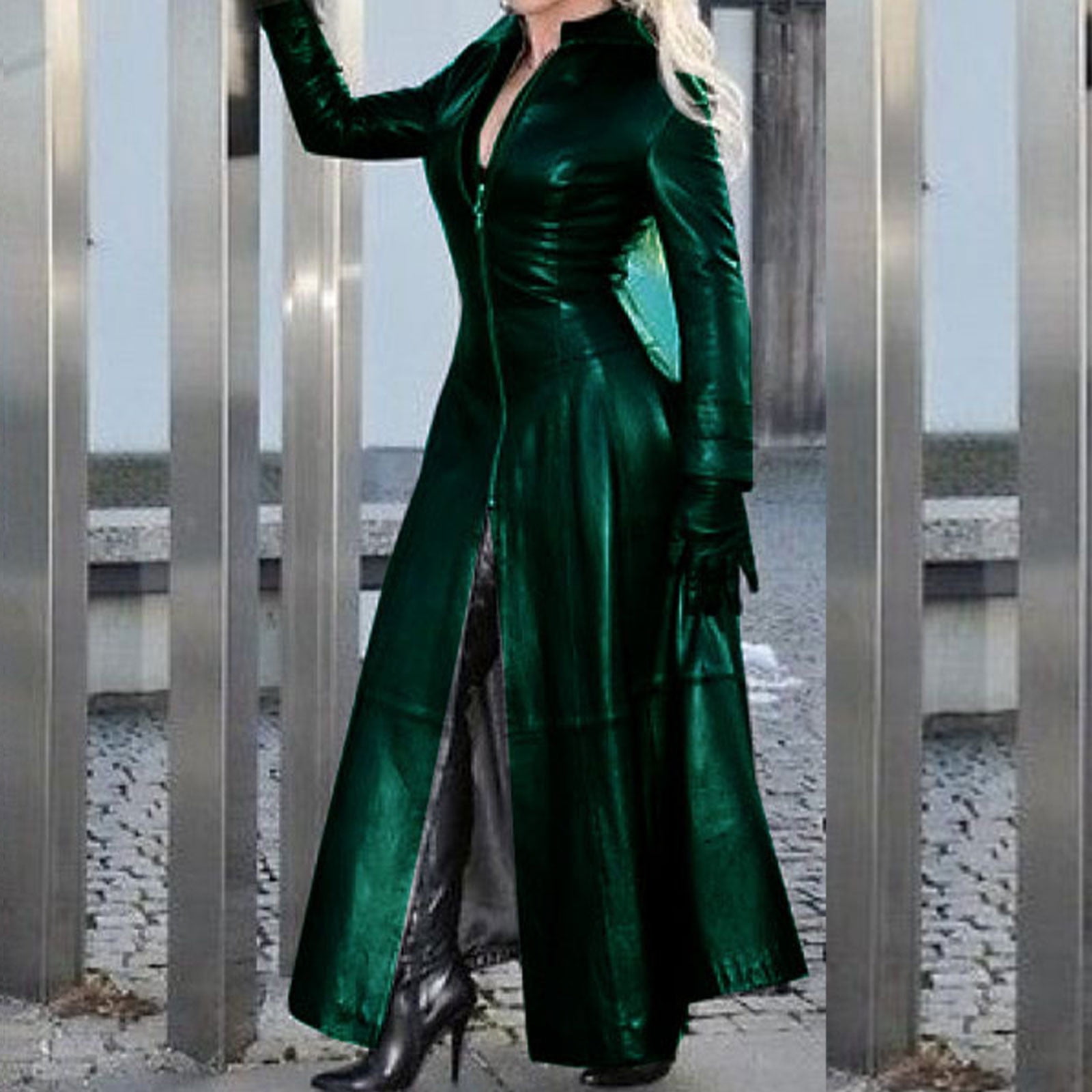 Women Steampunk PU Leather Trench Jackets Vintage Zip Slit Long Jacket ...