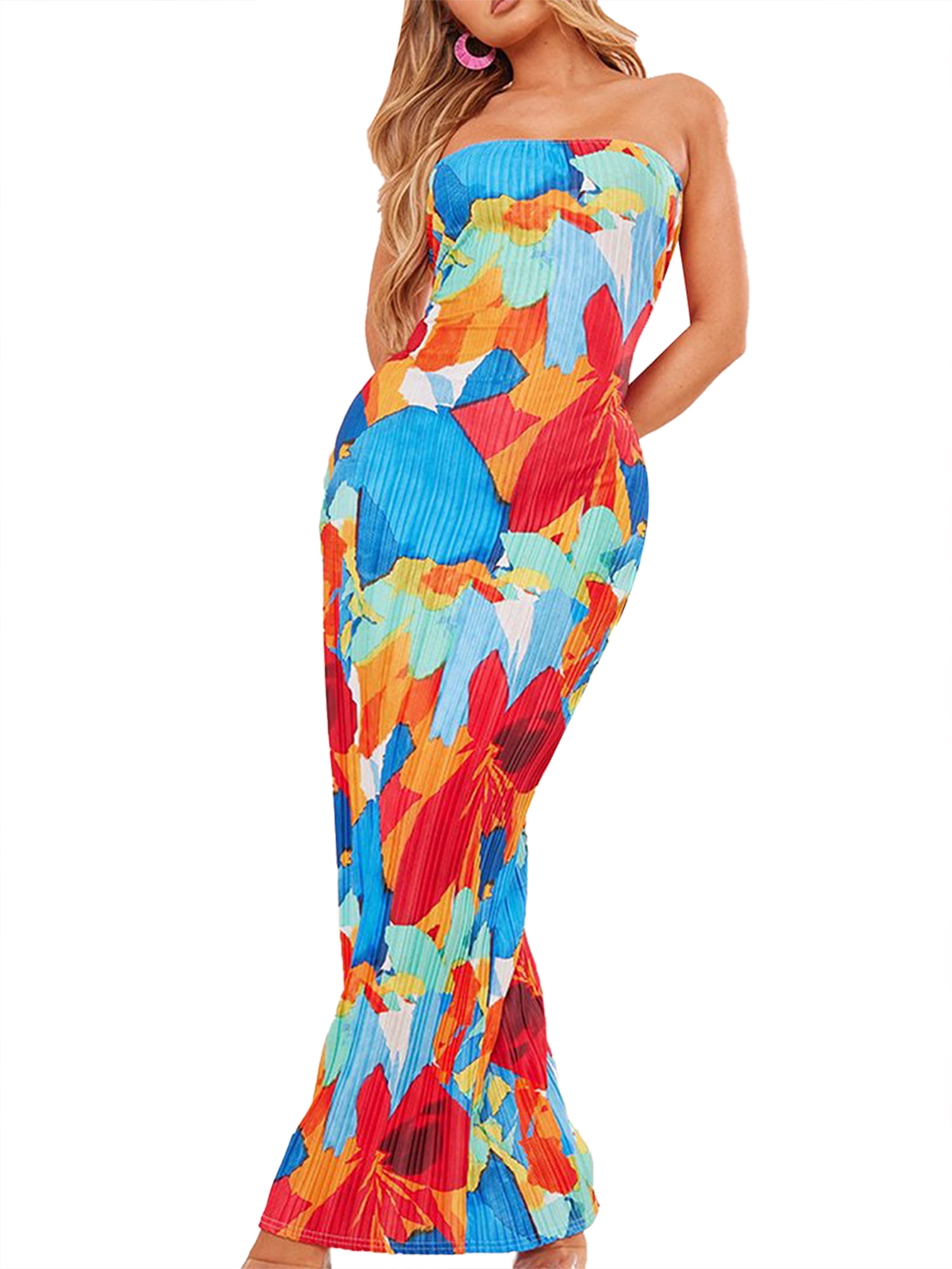 Women Strapless Maxi Dress Sexy Off Shoulder Pleated Bandeau Tube ...