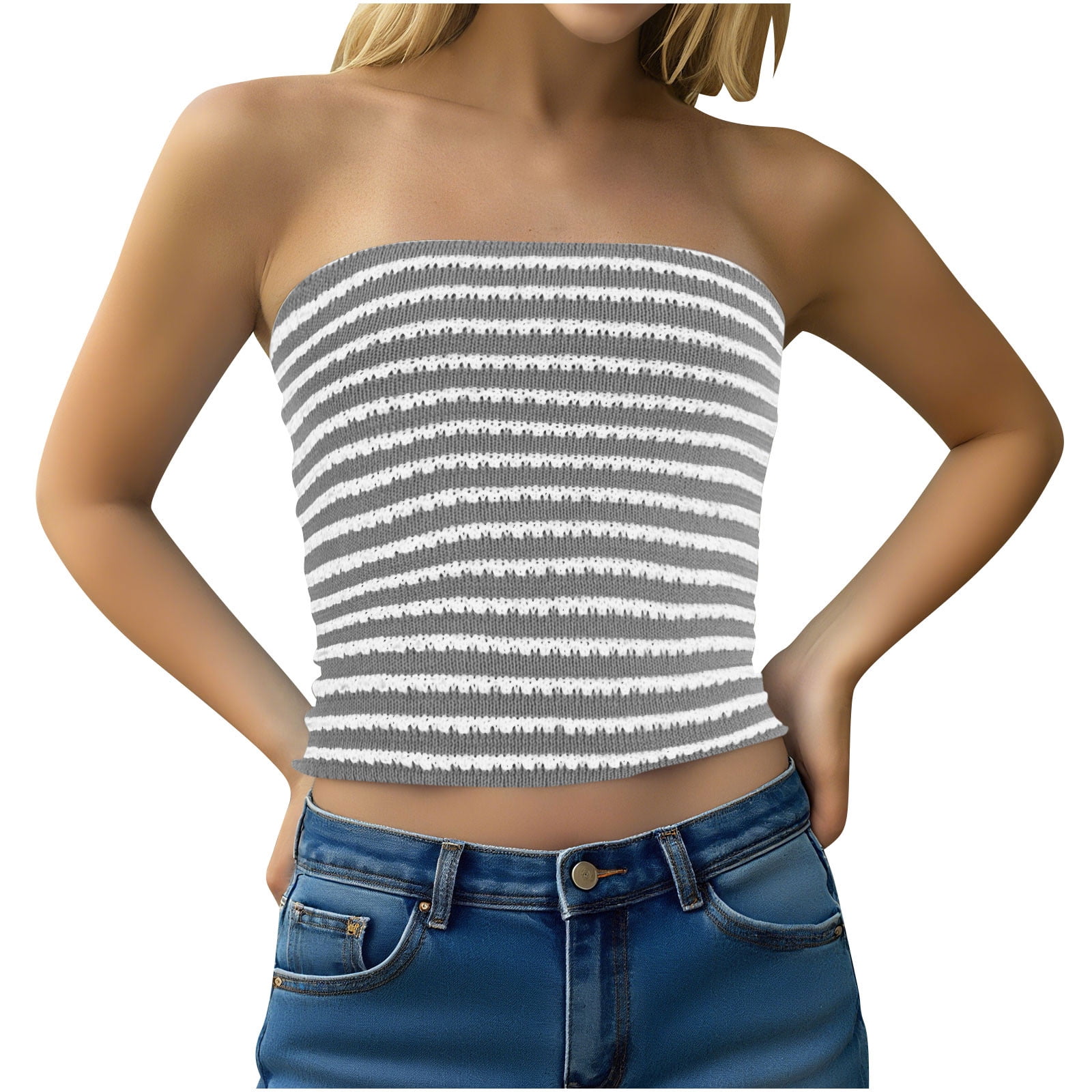 Women Strapless Striped Bandeau Tube Tops Y2K Aesthetic Sleeveless ...