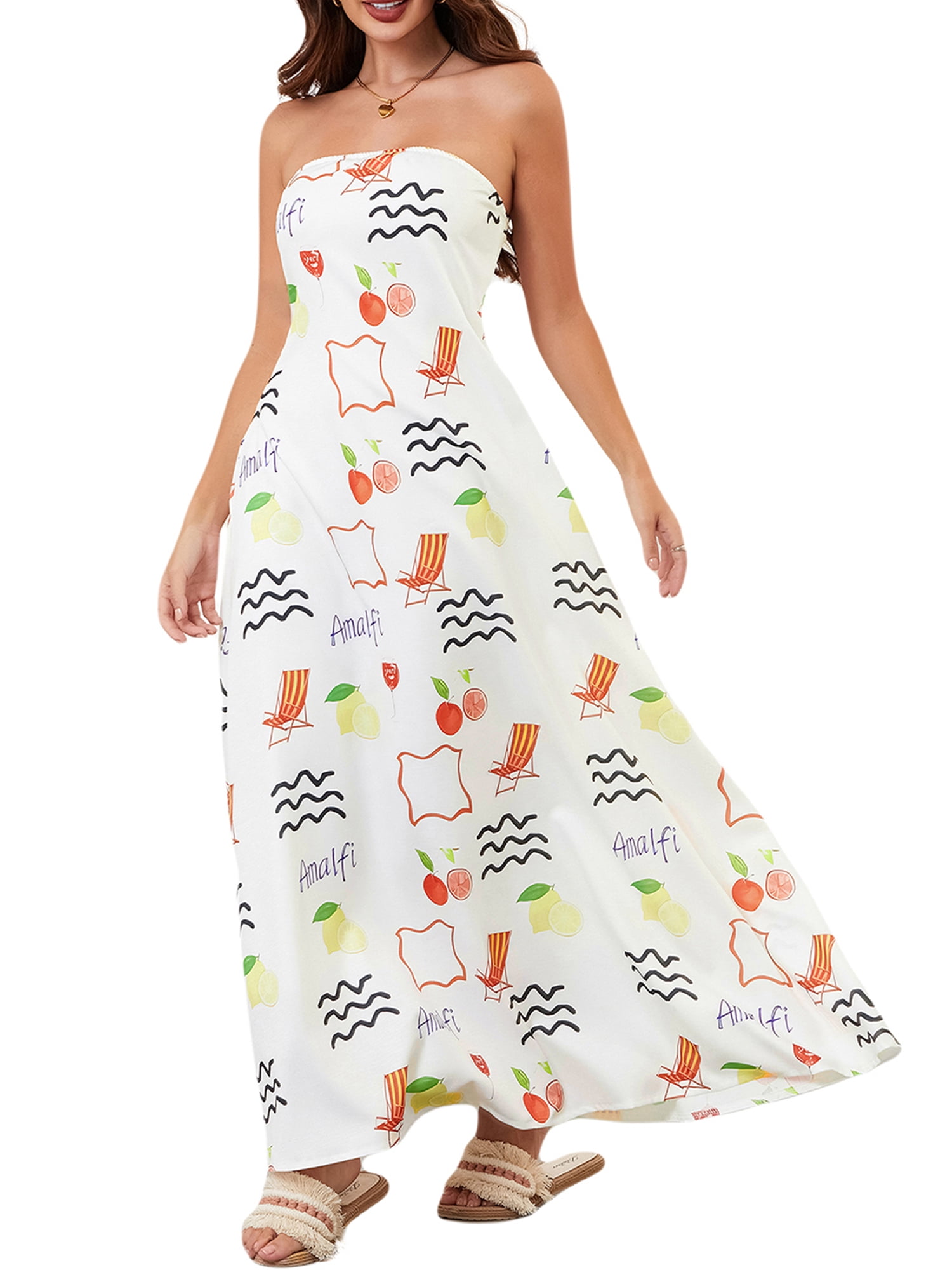 Mevireiy Women Strapless Tube Dress Abstract Printed Flowy Off Shoulder ...